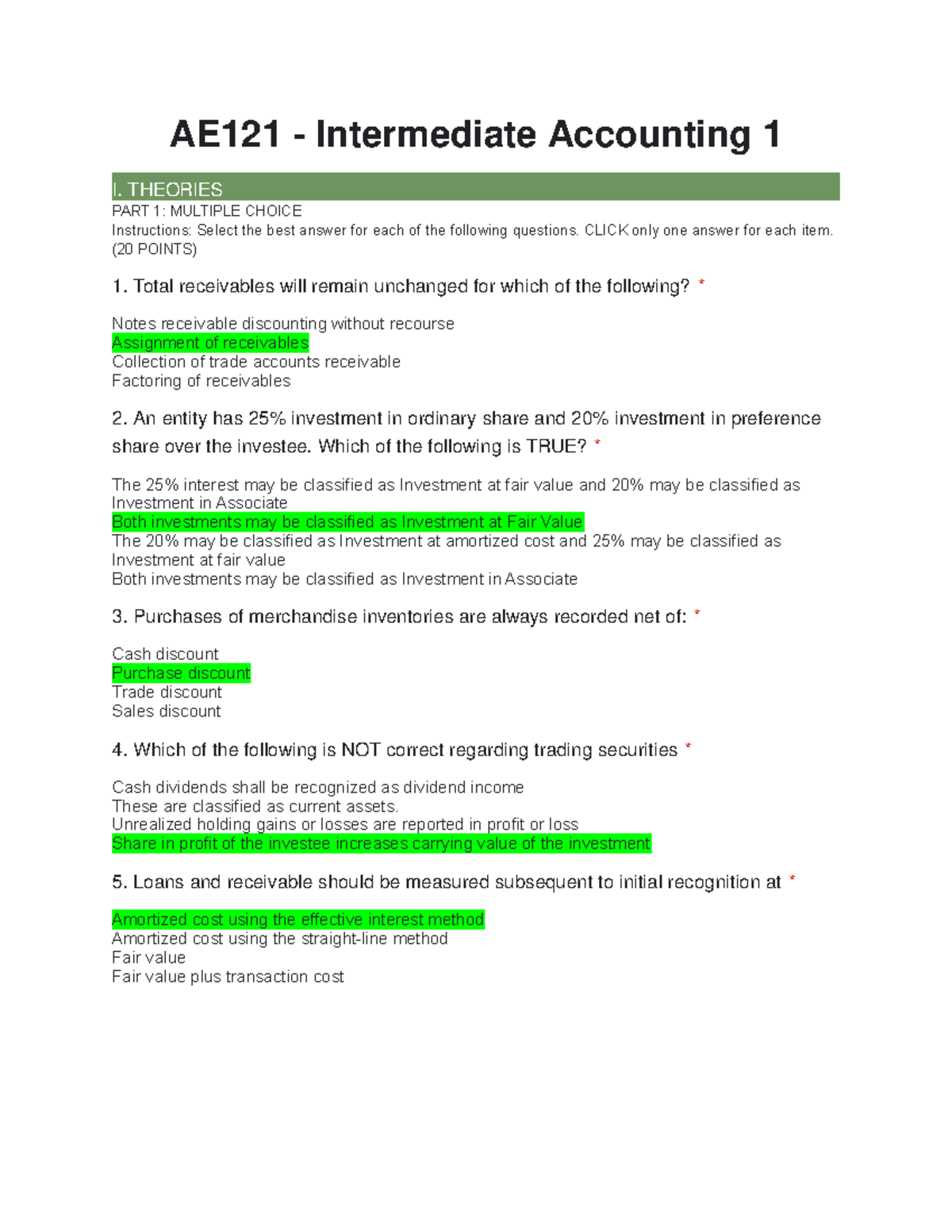 AE121 - theories - AE121 - Intermediate Accounting 1 I. THEORIES PART 1 ...