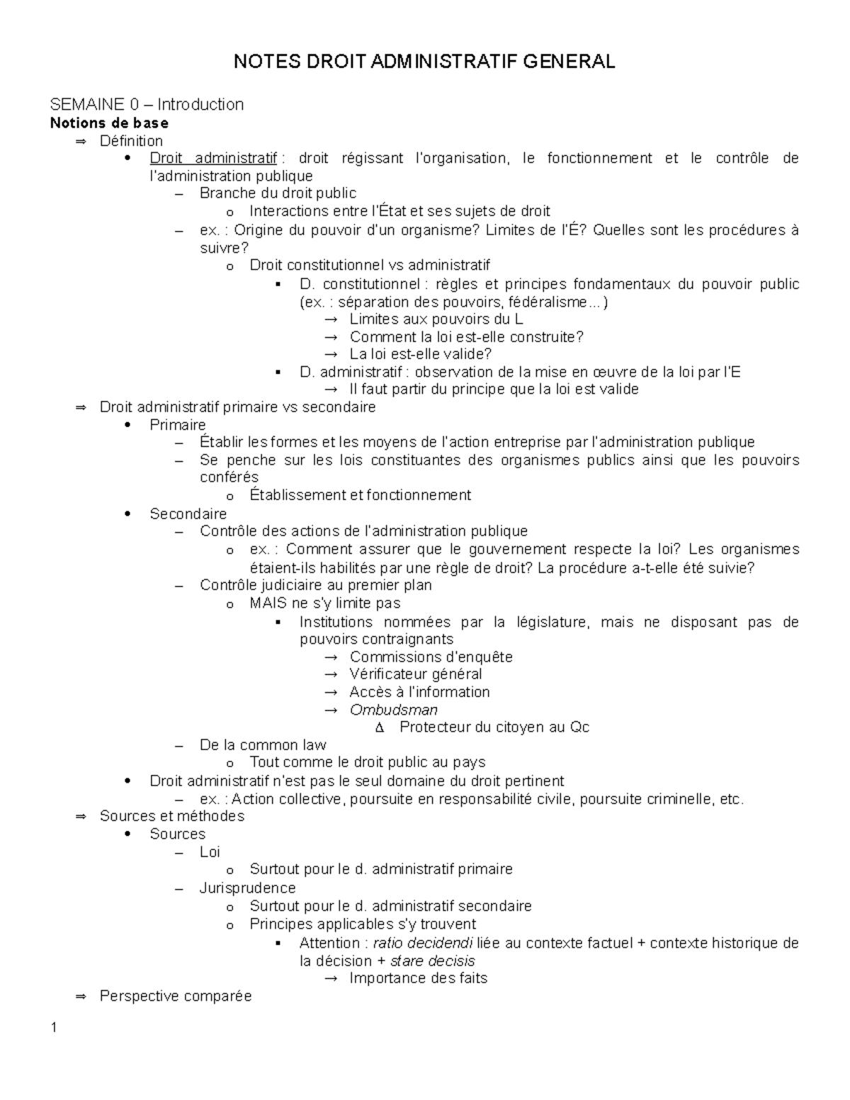 Notes 2501 - NOTES DROIT ADMINISTRATIF GENERAL SEMAINE 0 – Introduction ...