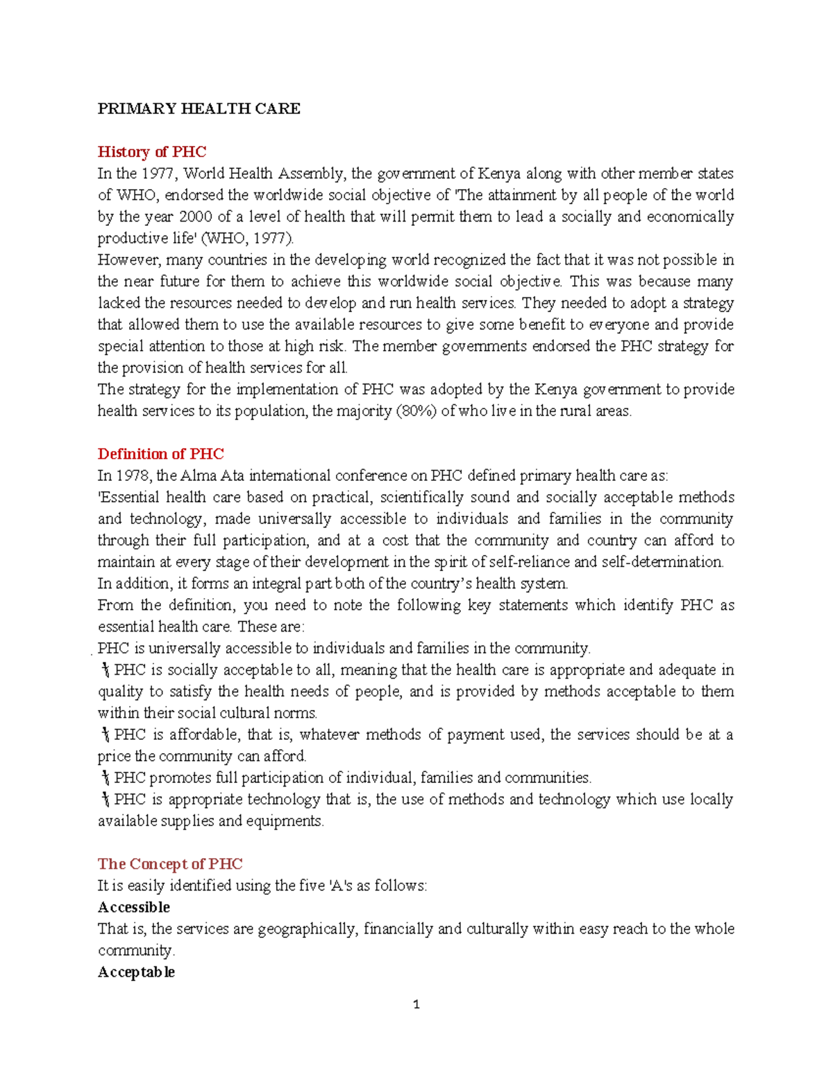 PHC Notes-1 - PRIMARY HEALTH CARE History of PHC In the 1977, World ...