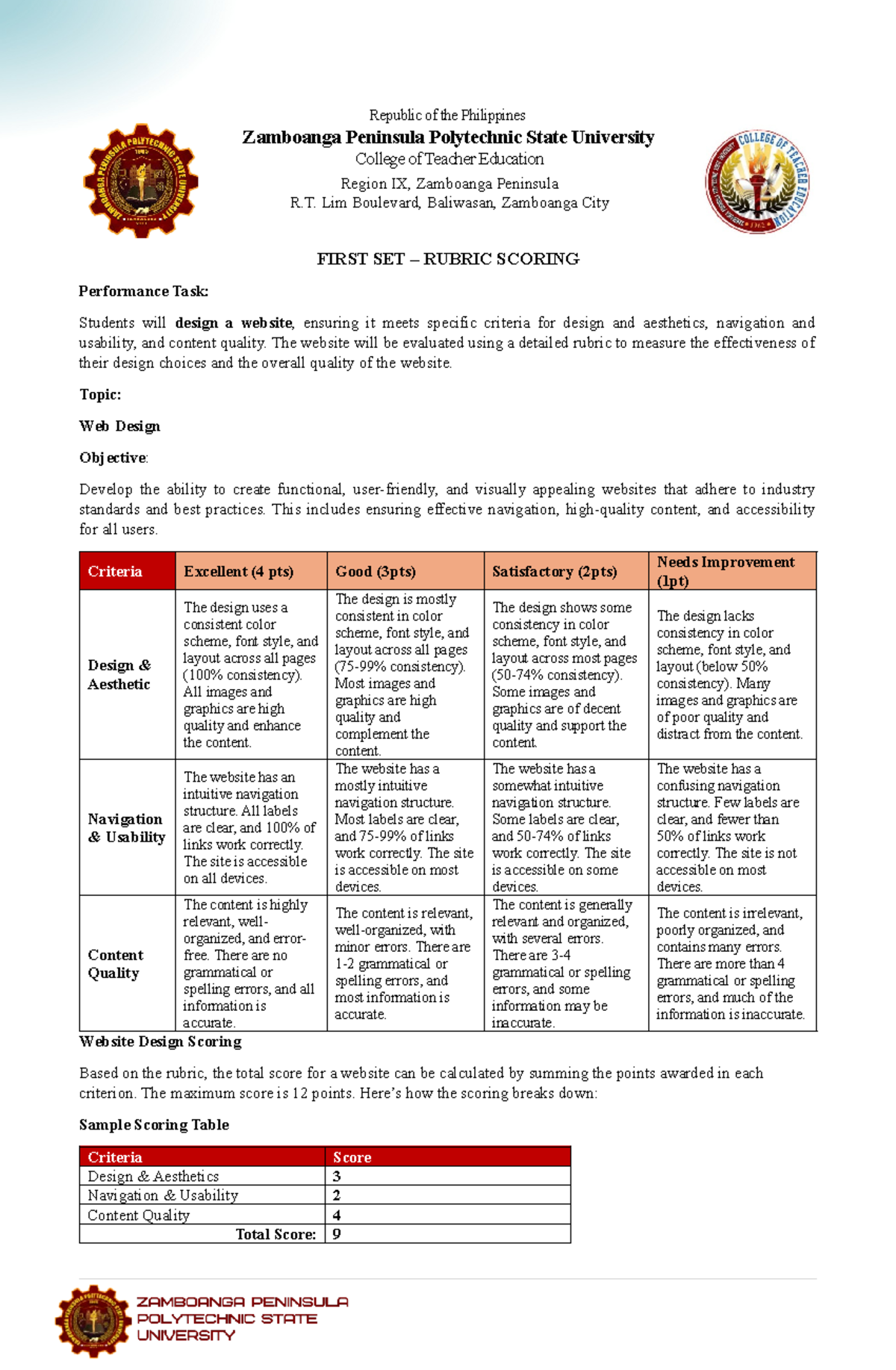 Rubrics - Republic of the Philippines Zamboanga Peninsula Polytechnic ...