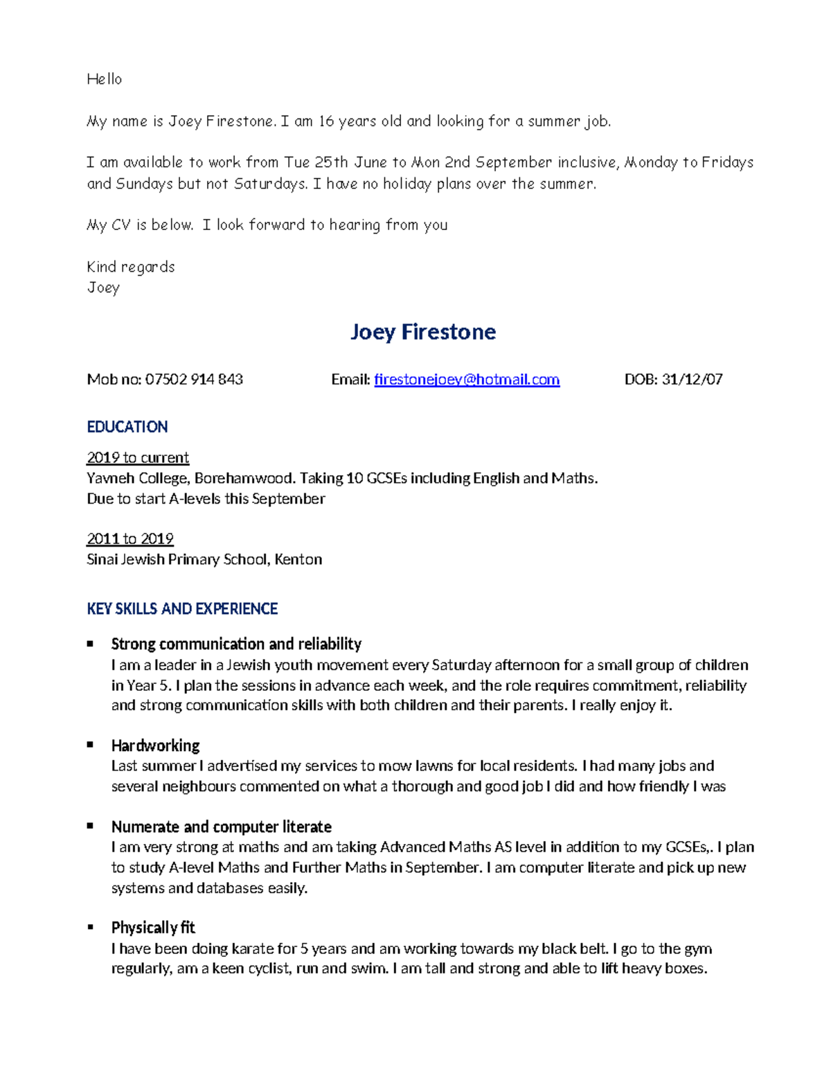 Joey Firestone CV restaurants - Hello My name is Joey Firestone. I am 16 years old and looking ...