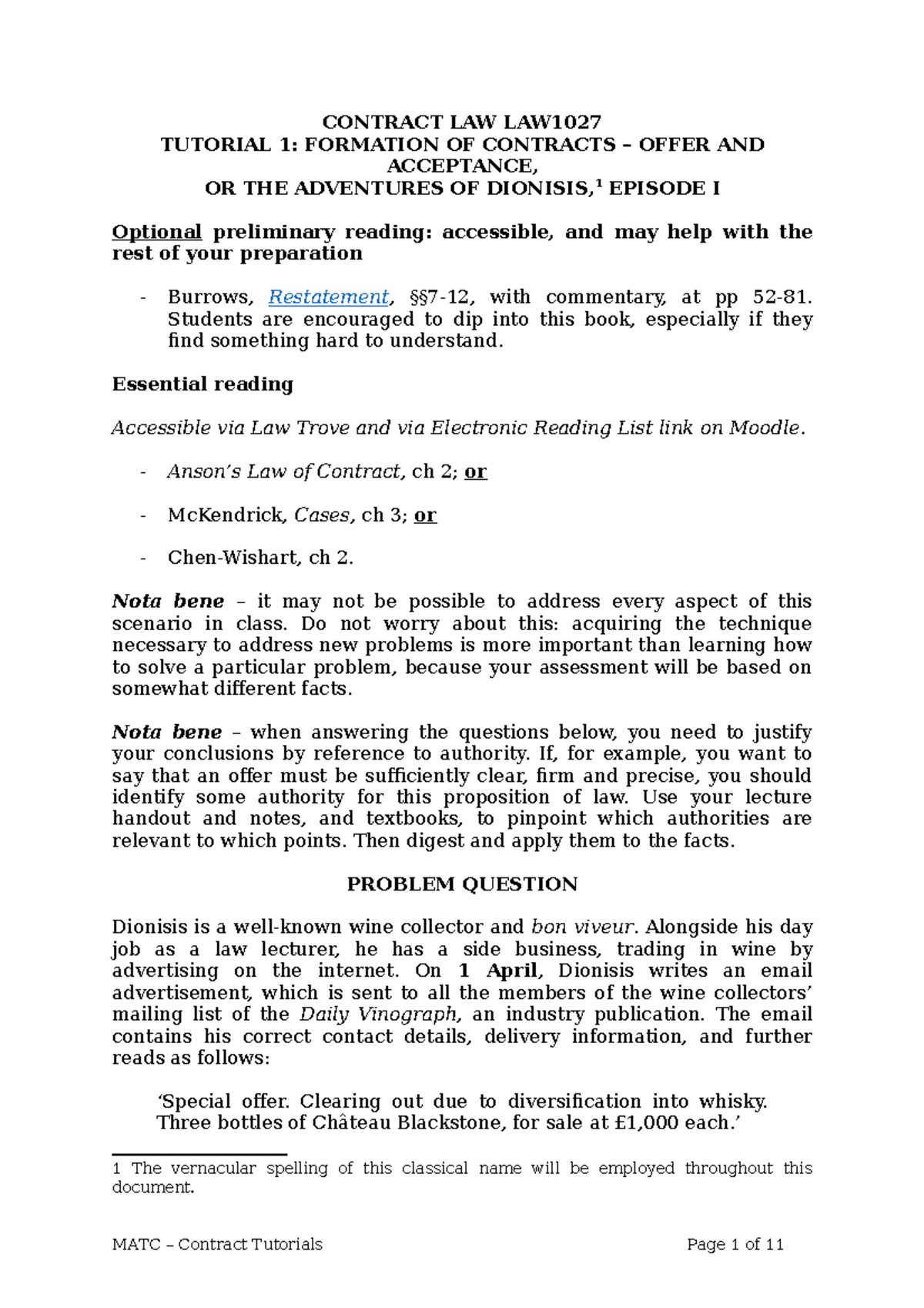 Contract - Tutorials 1-3 - CONTRACT LAW LAW TUTORIAL 1: FORMATION OF ...