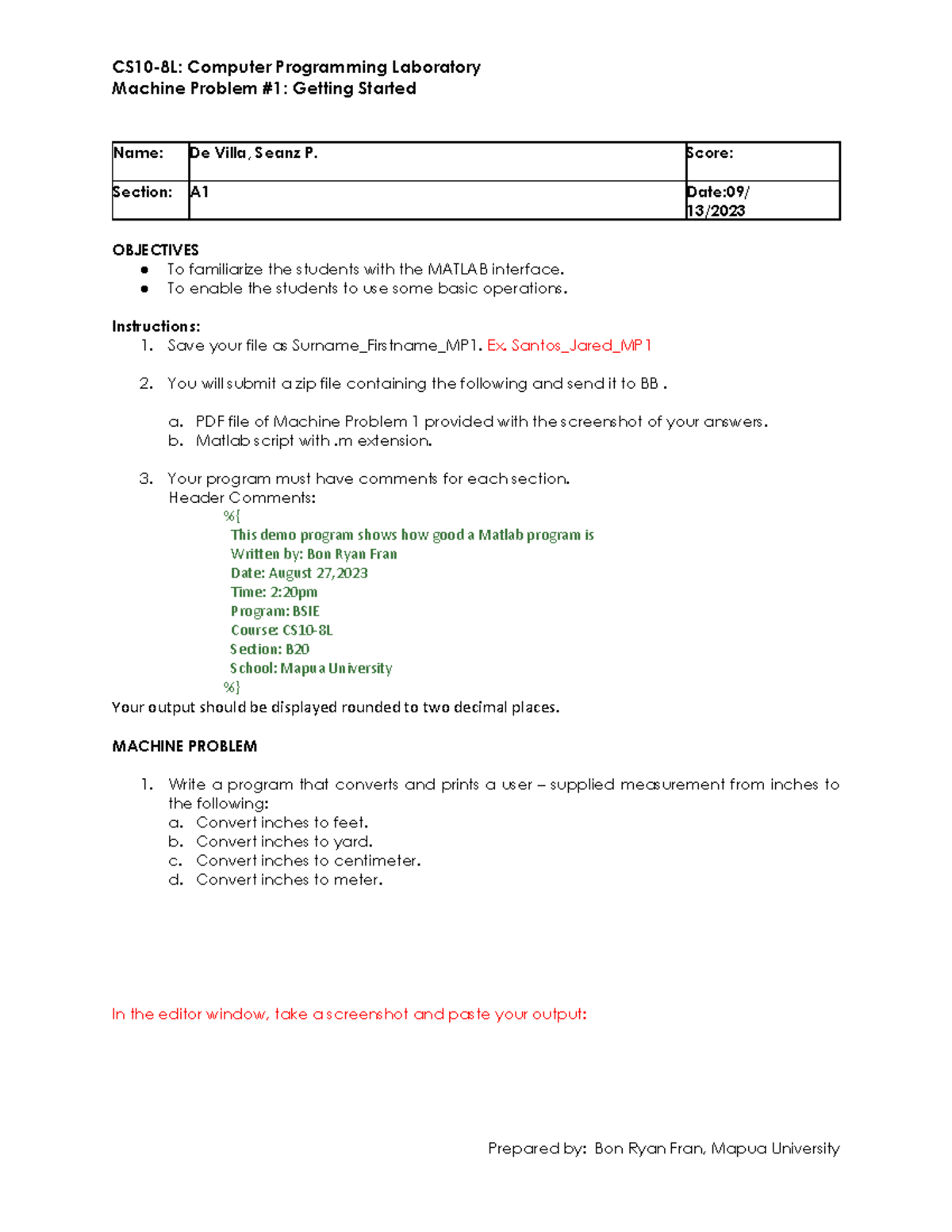 De Villa Seanz MP1 - asffsa - Machine Problem #1: Getting Started Name: De Villa, Seanz P. Score ...