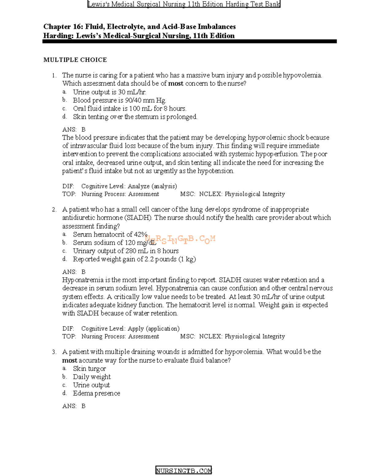 Exam #1 Chapter 16 - lecture notes - NURSINGTB Chapter 16: Fluid ...
