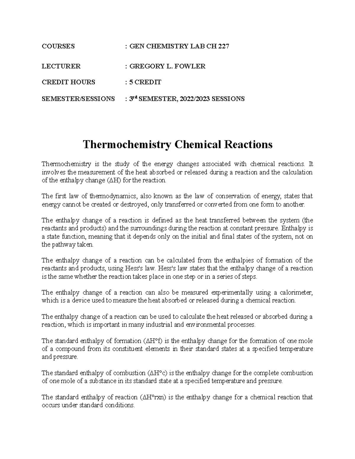 Thermochemistry - Gen Chemistry Lab - COURSES : GEN CHEMISTRY LAB CH ...