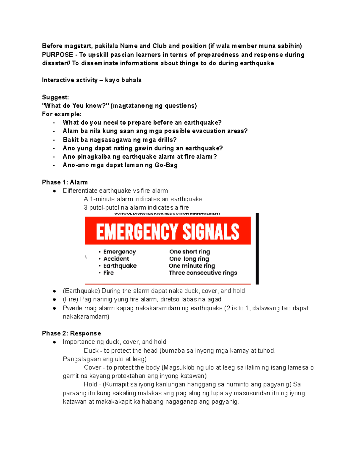 Earthquake Drill Notes - Before magstart, pakilala Name and Club and ...