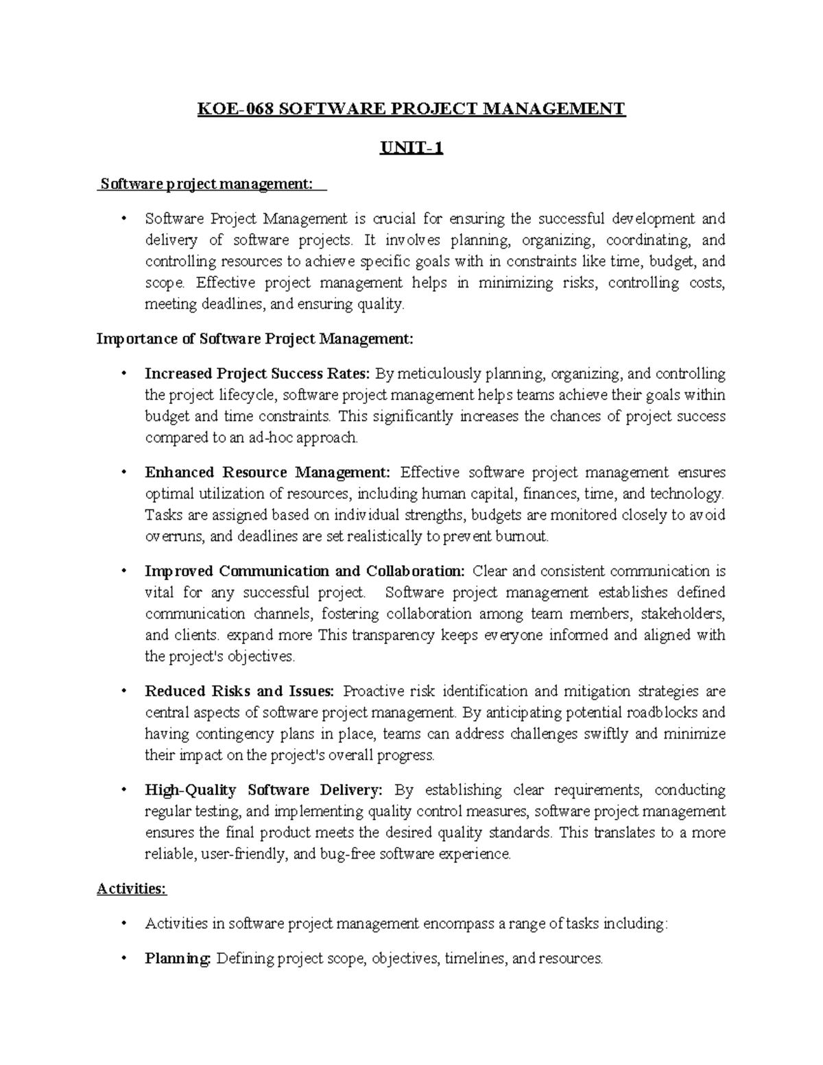 SPM UNIT-1 - KOE-068 SOFTWARE PROJECT MANAGEMENT UNIT- Software project management: • Software ...