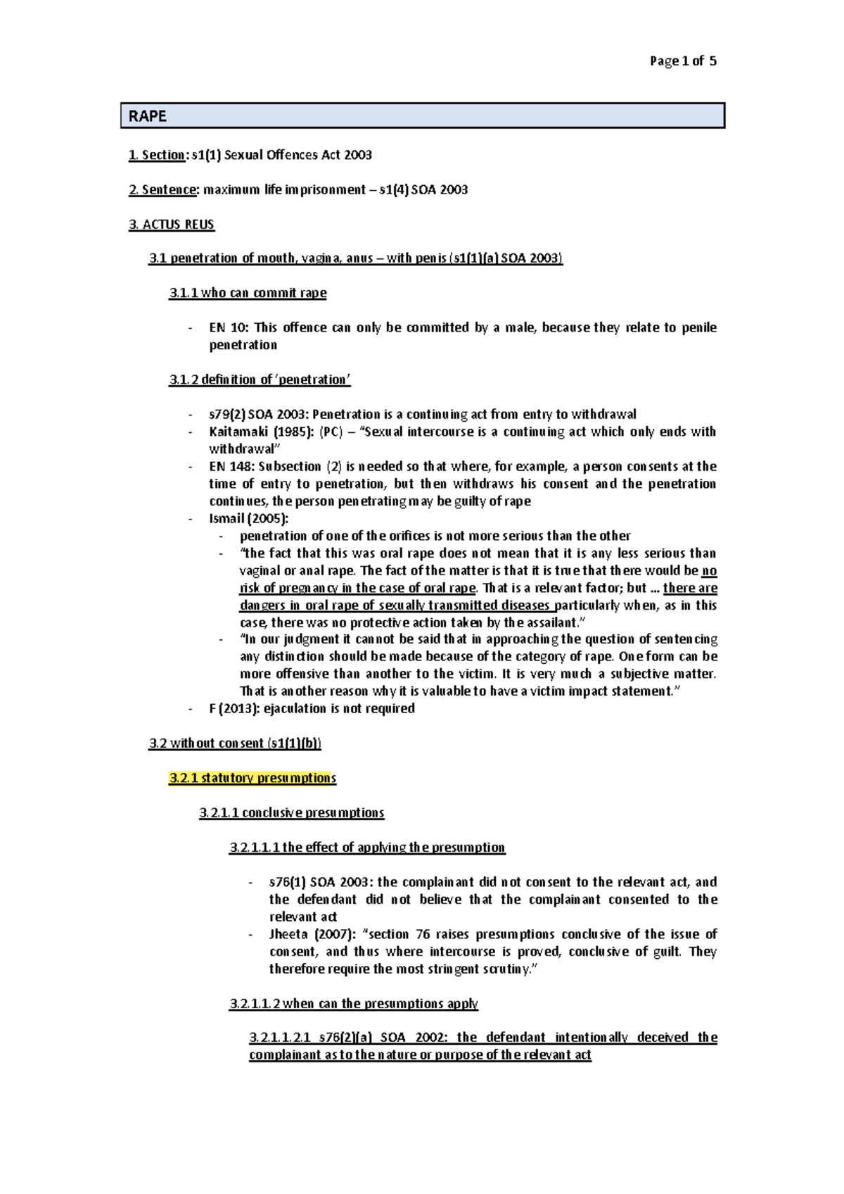 RAPE Notes - RAPE Section: s 1 (1) Sexual Offences Act 2003 Sentence ...