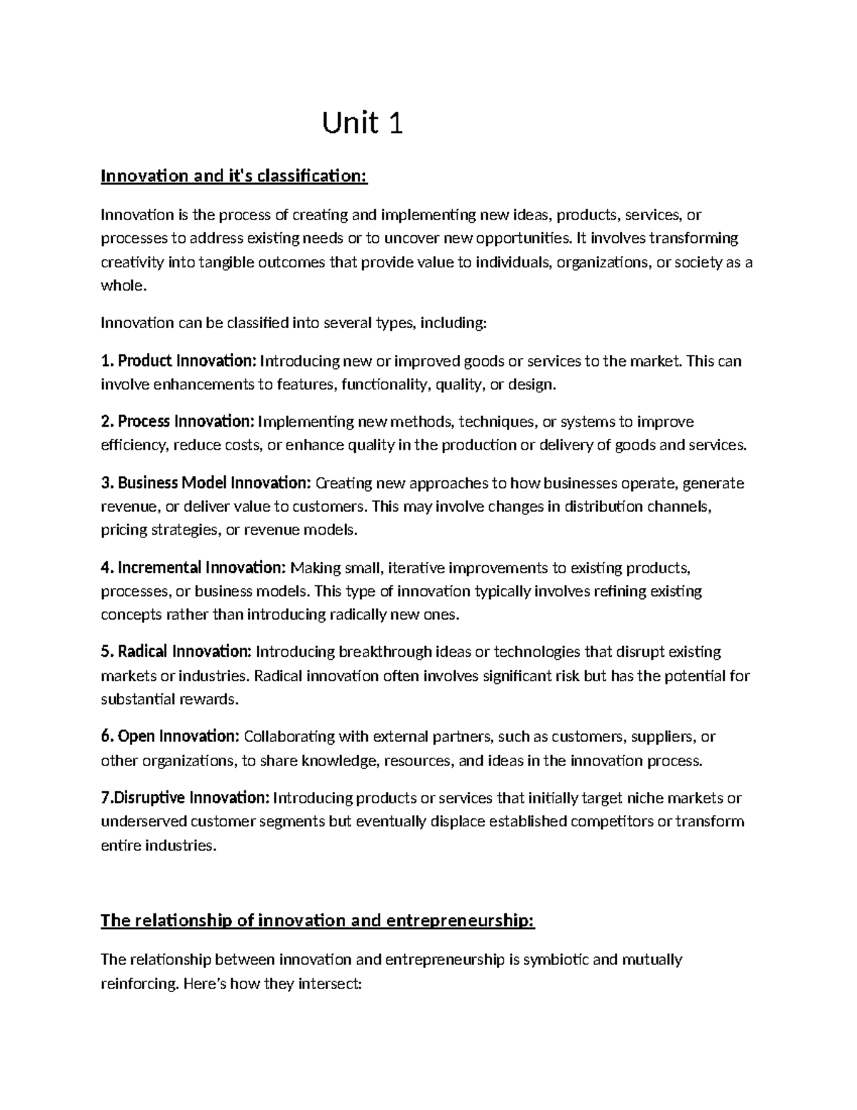 Unit 1 - Unit 1 Innovation and it's classification: Innovation is the ...