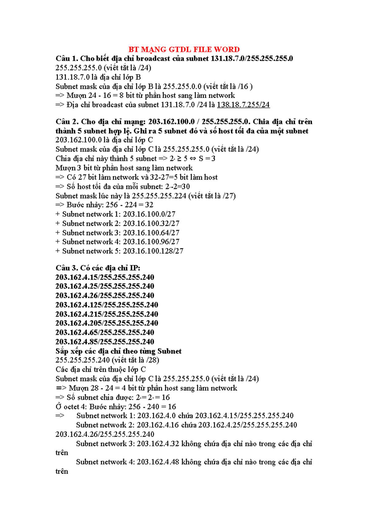 BT MẠNG GTDL FILE WORD - dfffdd - BT MẠNG GTDL FILE WORD Câu 1. Cho ...