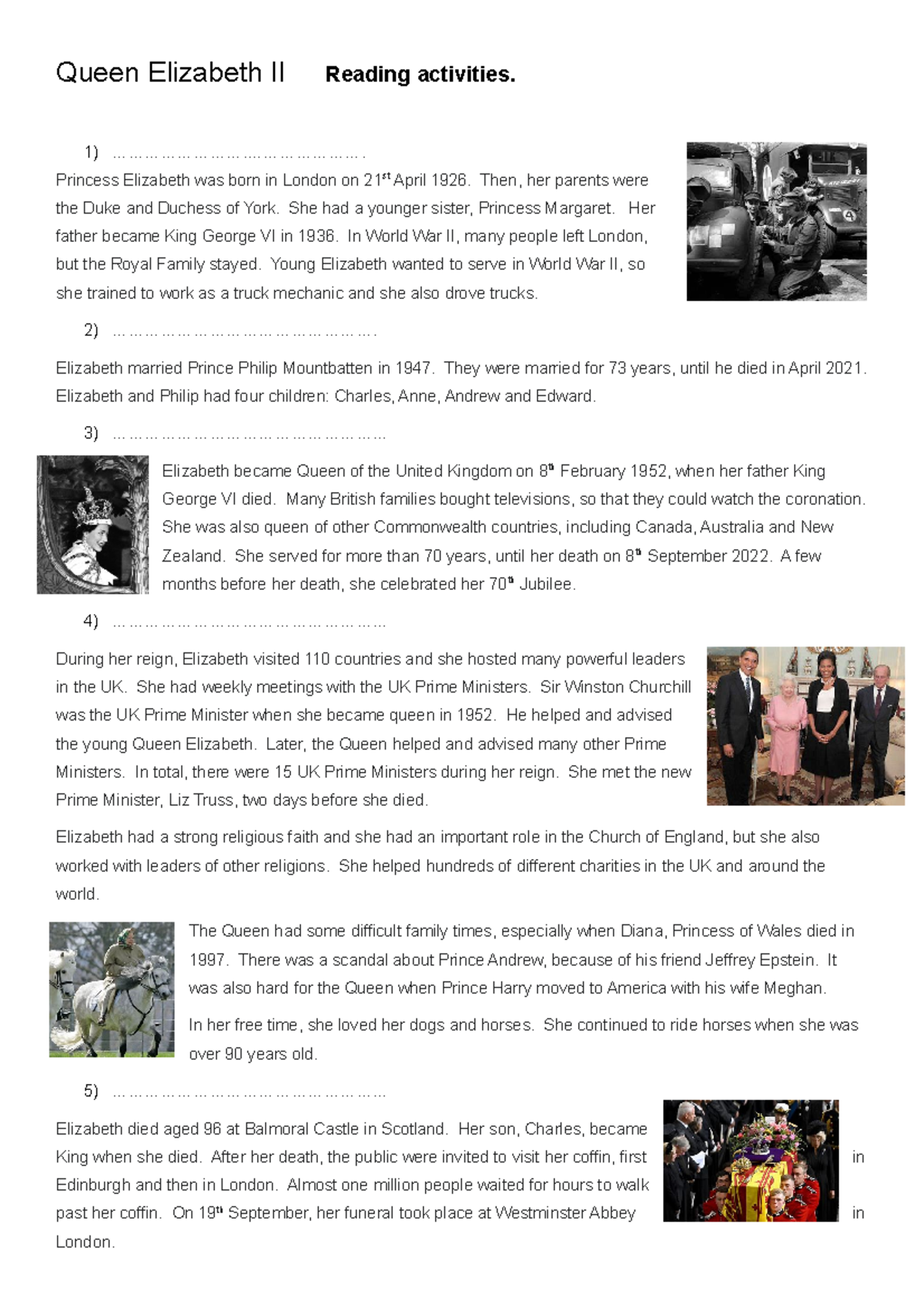 Queen elizabeth past simple activities reading comprehension 2 - Queen ...