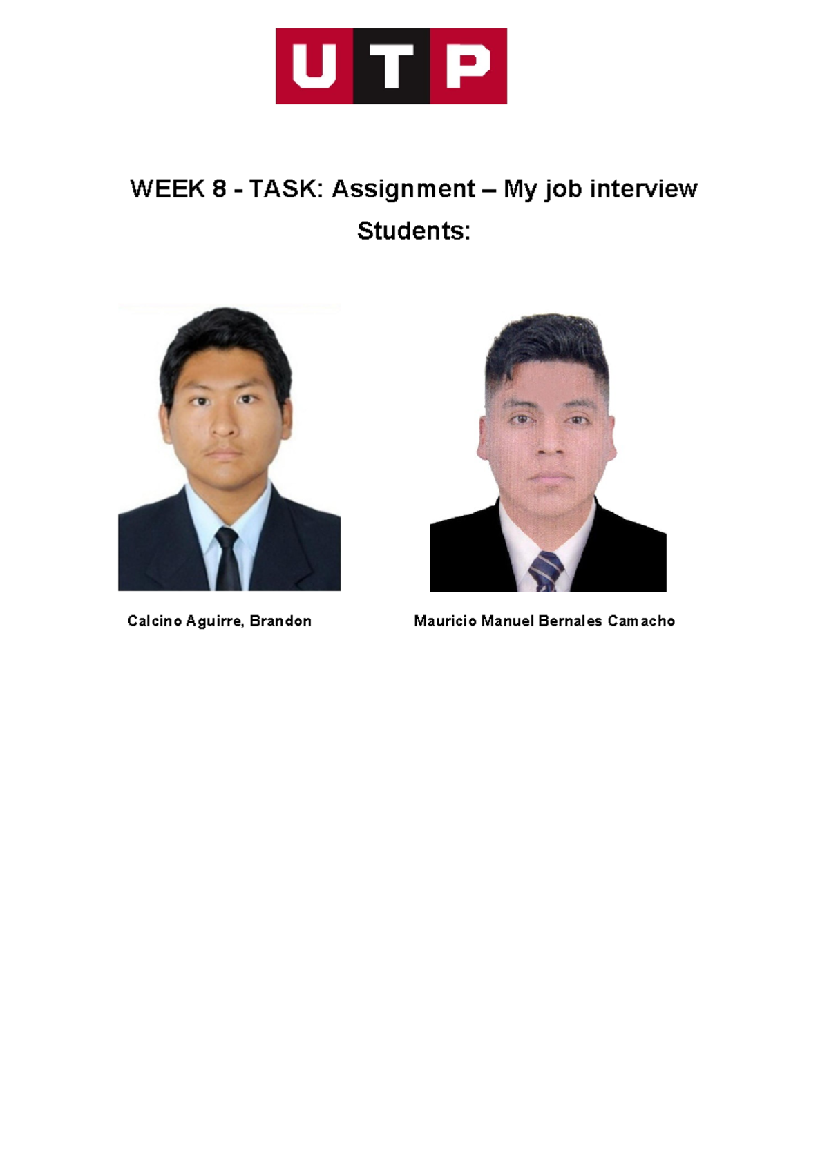 WEEK 8 - My job interview - Ingles - WEEK 8 - TASK: Assignment – My job interview Students ...