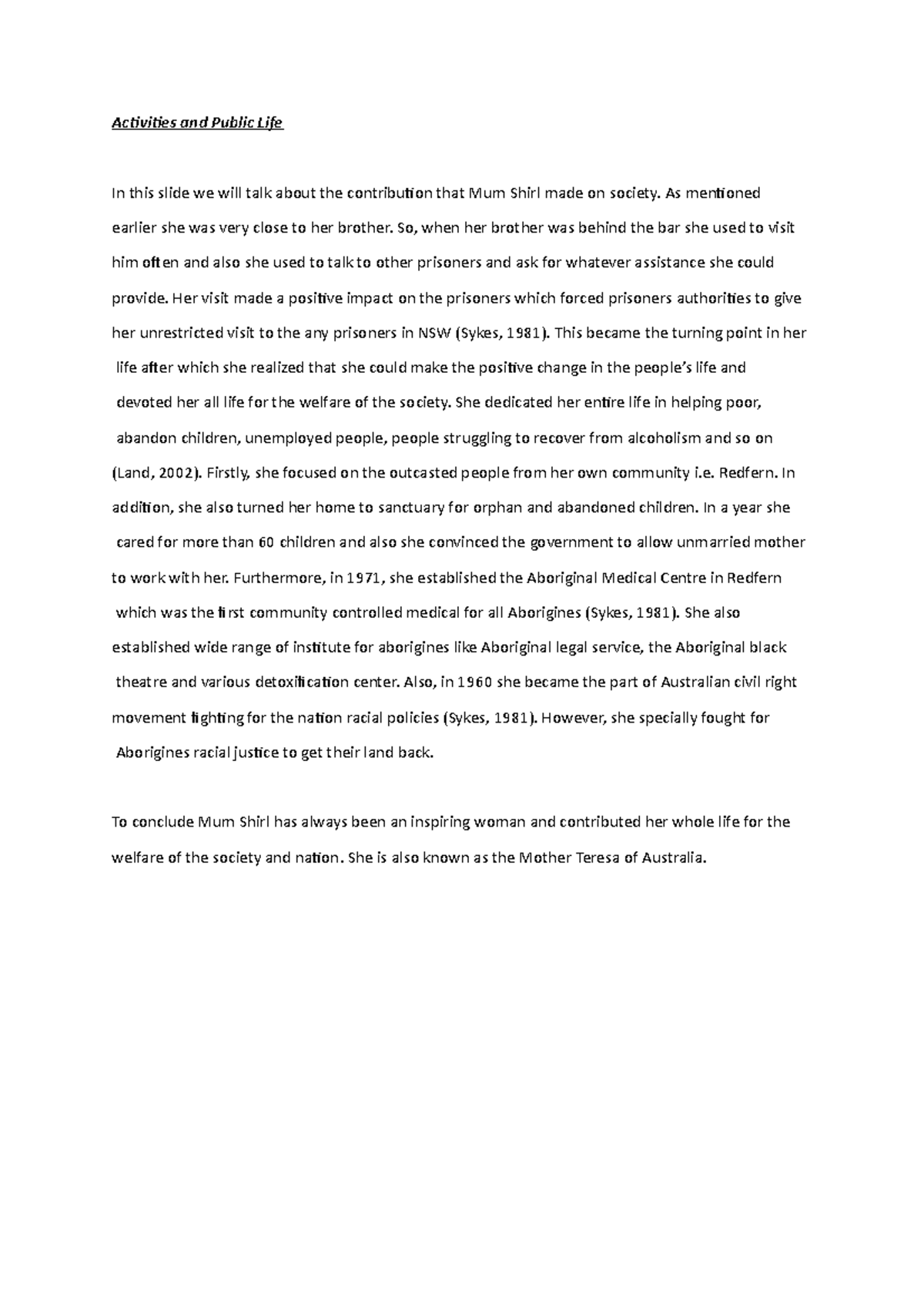 Mum Shirl activities and public life - Activities and Public Life In ...