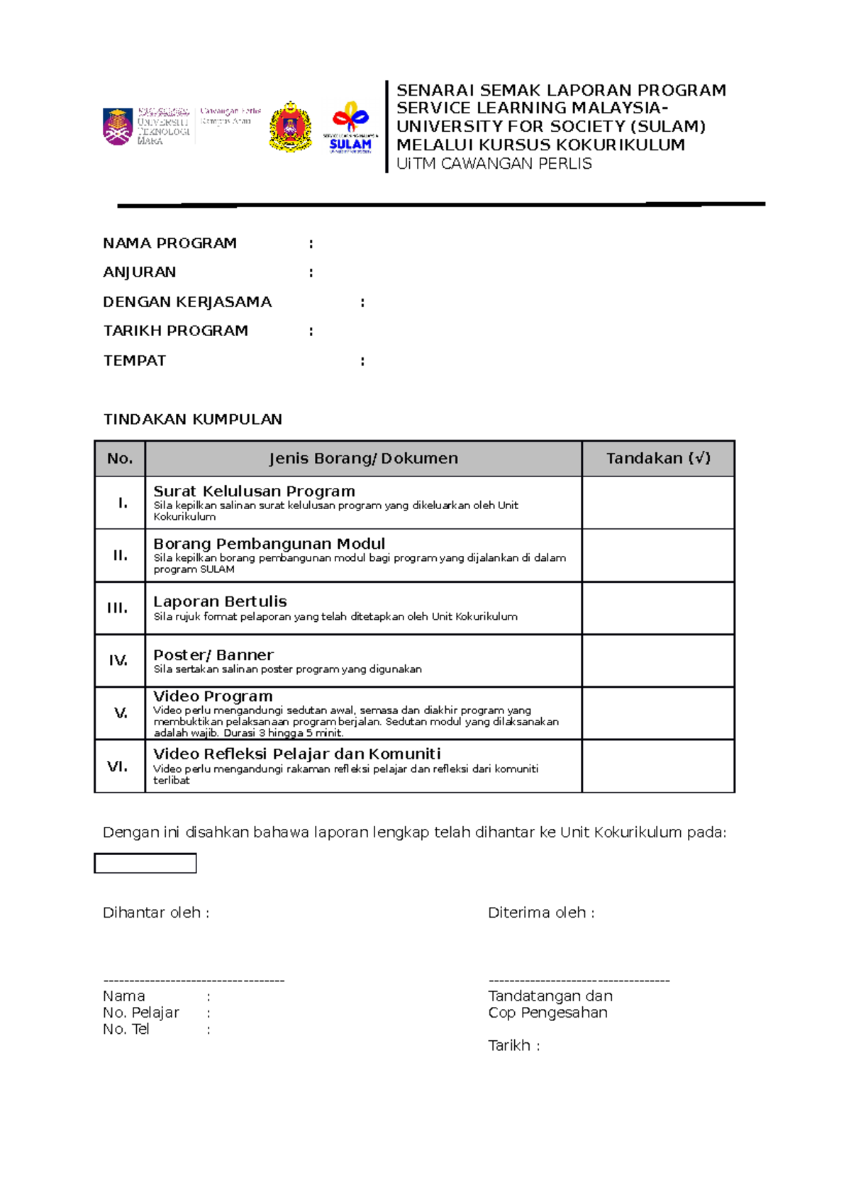 Senarai Semak Projek SULAM - SENARAI SEMAK LAPORAN PROGRAM SERVICE ...