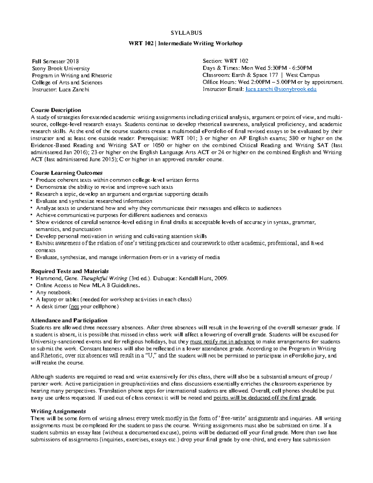 Wrt102 37 fall 2018 syllabus - SYLLABUS WRT 102 | Intermediate Writing ...