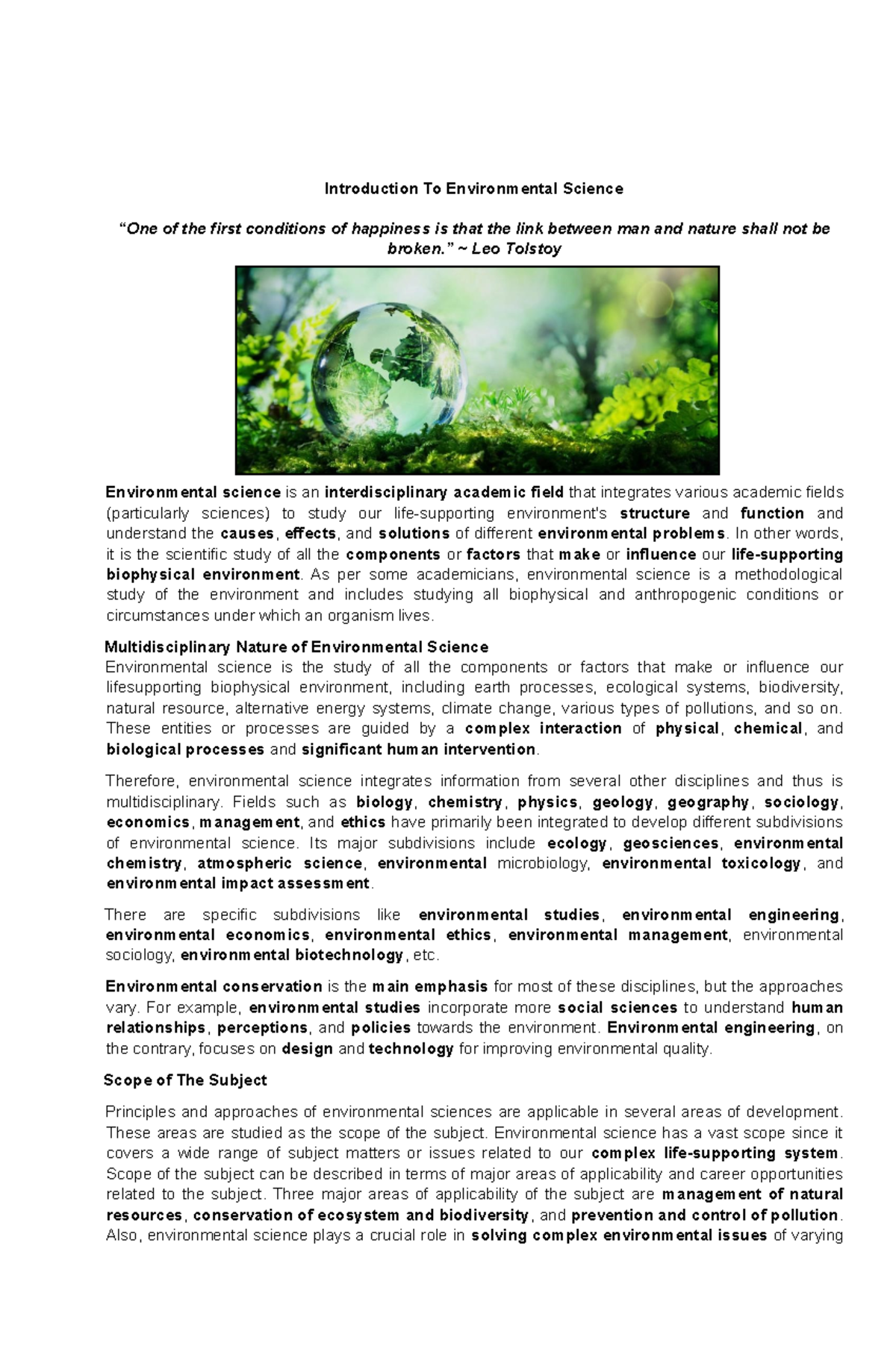 Introduction To Environmental Science - ” ~ Leo Tolstoy Environmental ...