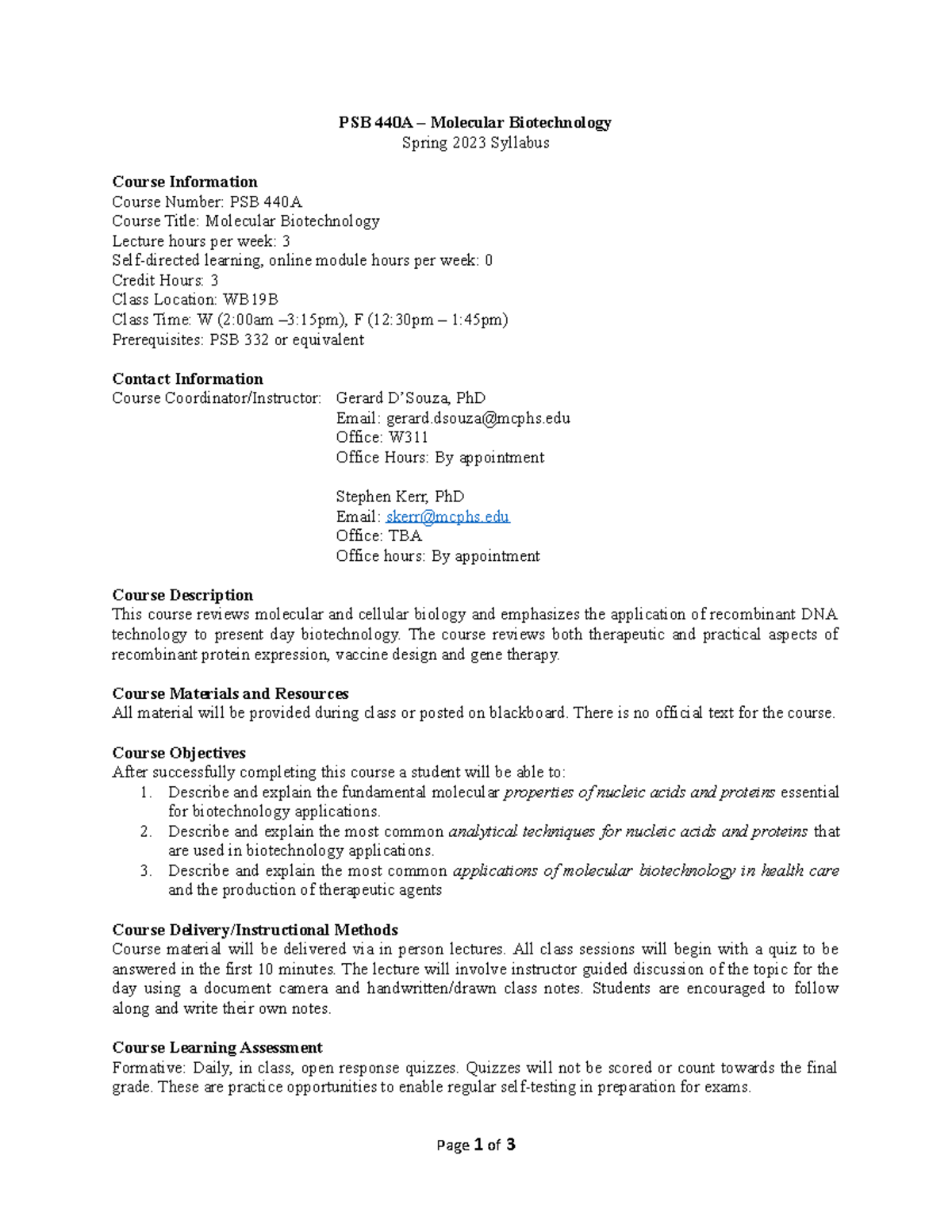 PSB 440 Syllabus Sp2023 r - PSB 440A – Molecular Biotechnology Spring ...