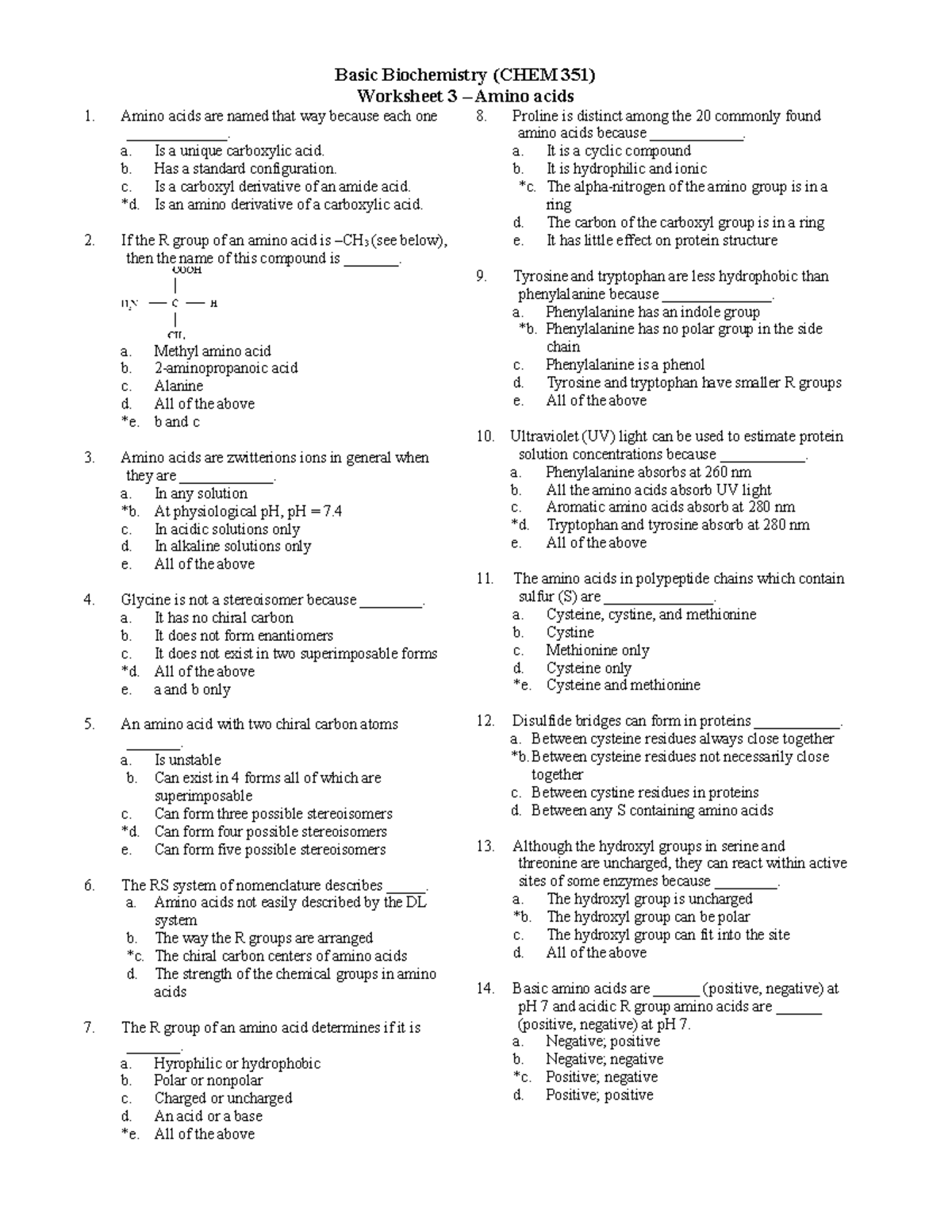 3Amino Acids -biochemistry - Basic Biochemistry (CHEM 351) Worksheet 3 ...