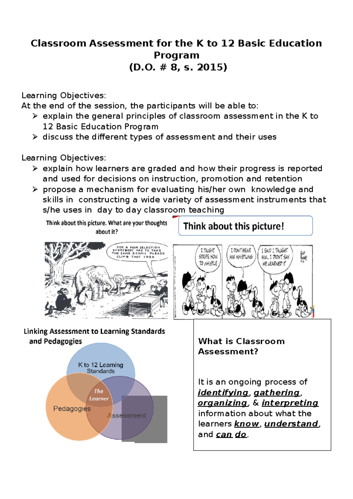 Classroom Assessment for the K to 12 - # 8, s. 2015) Learning ...