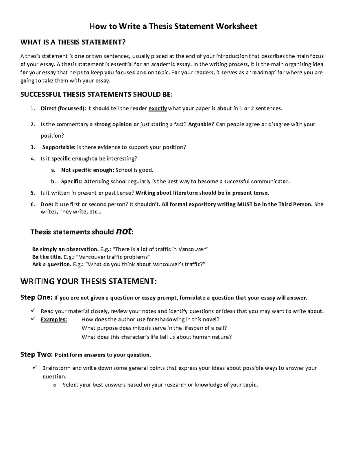 How To Write A Thesis Statement Worksheet How To Write A Thesis