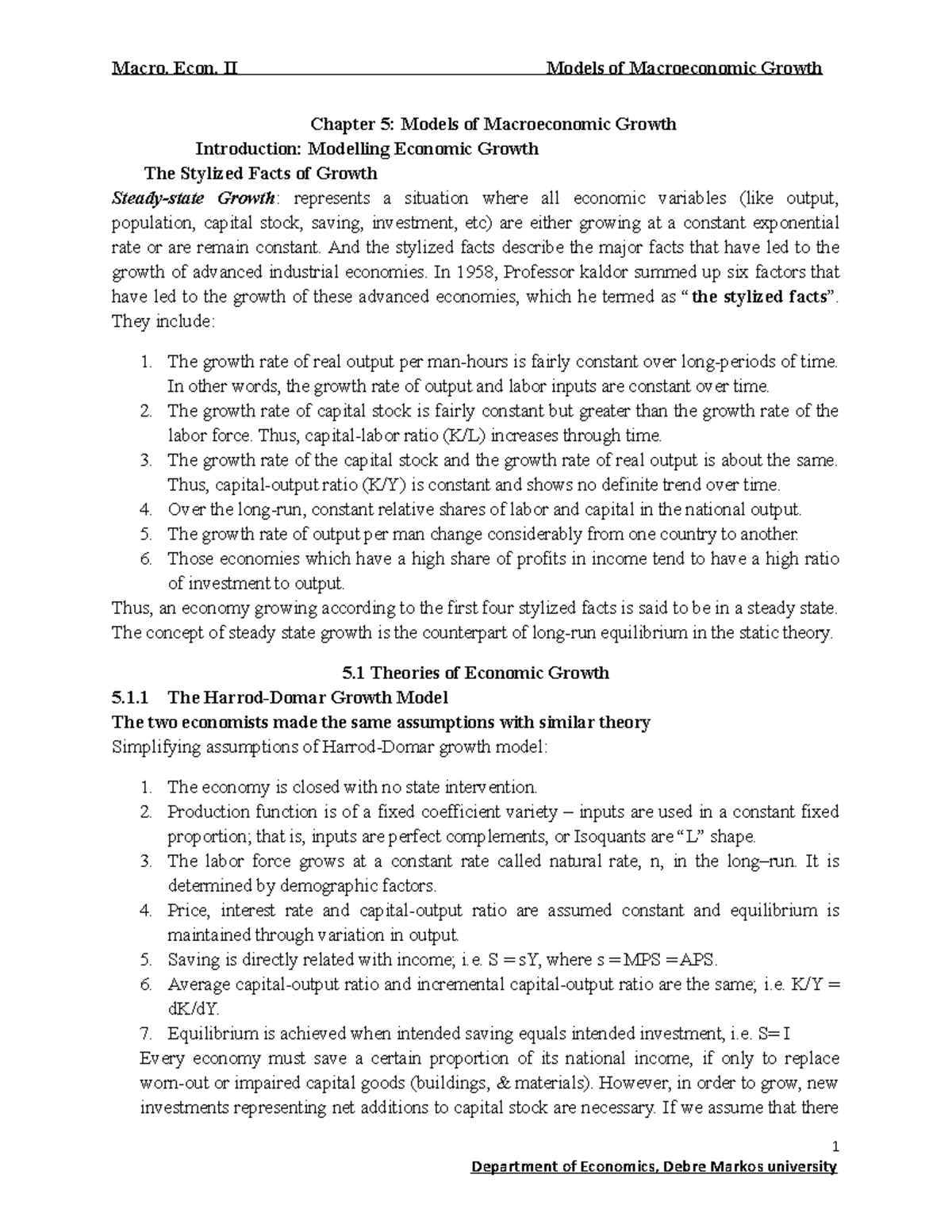 Chapter 5 ma 2 - macroeconomics - Chapter 5: Models of Macroeconomic Growth Introduction ...
