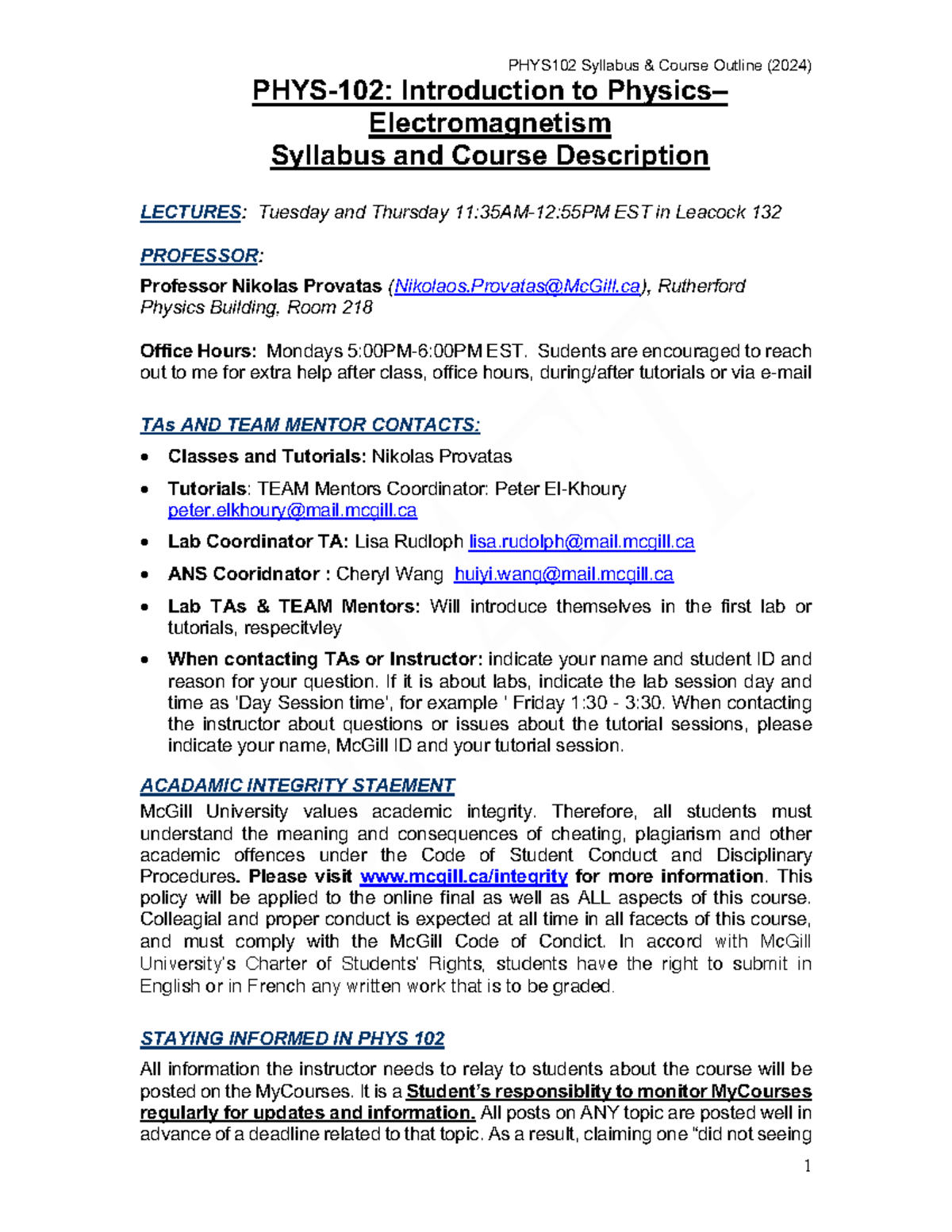 PHYS102 2024 Syllabus - PHYS- 102 : Introduction to Physics– Electromagnetism Syllabus and ...