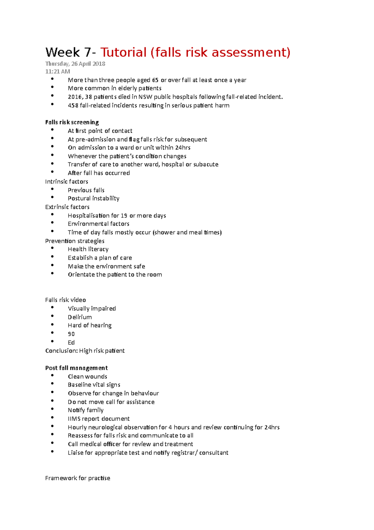 Falls risk assessment - Week 7- Tutorial (falls risk assessment ...