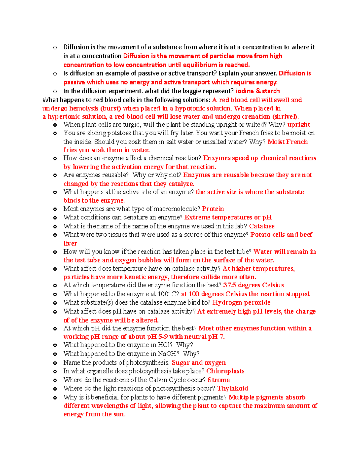 Lab Pratical questions 2 - o Diffusion is the movement of a substance ...