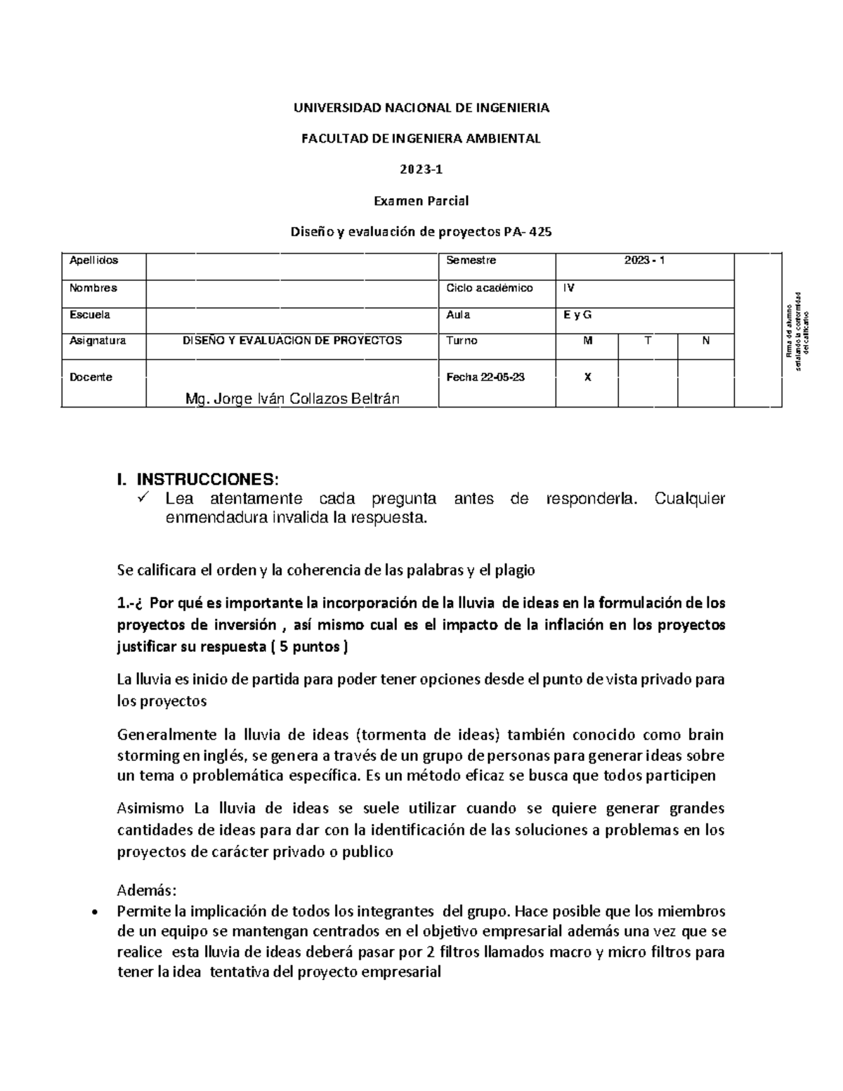 Examen Parcial Proyectos 2023-1 E y G Solucionario - UNIVERSIDAD ...