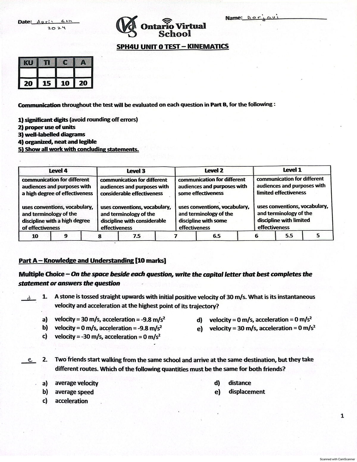 Kinematics test - Name: Aarjavi Date: 2024 Ontario Virtual School SPH4U ...