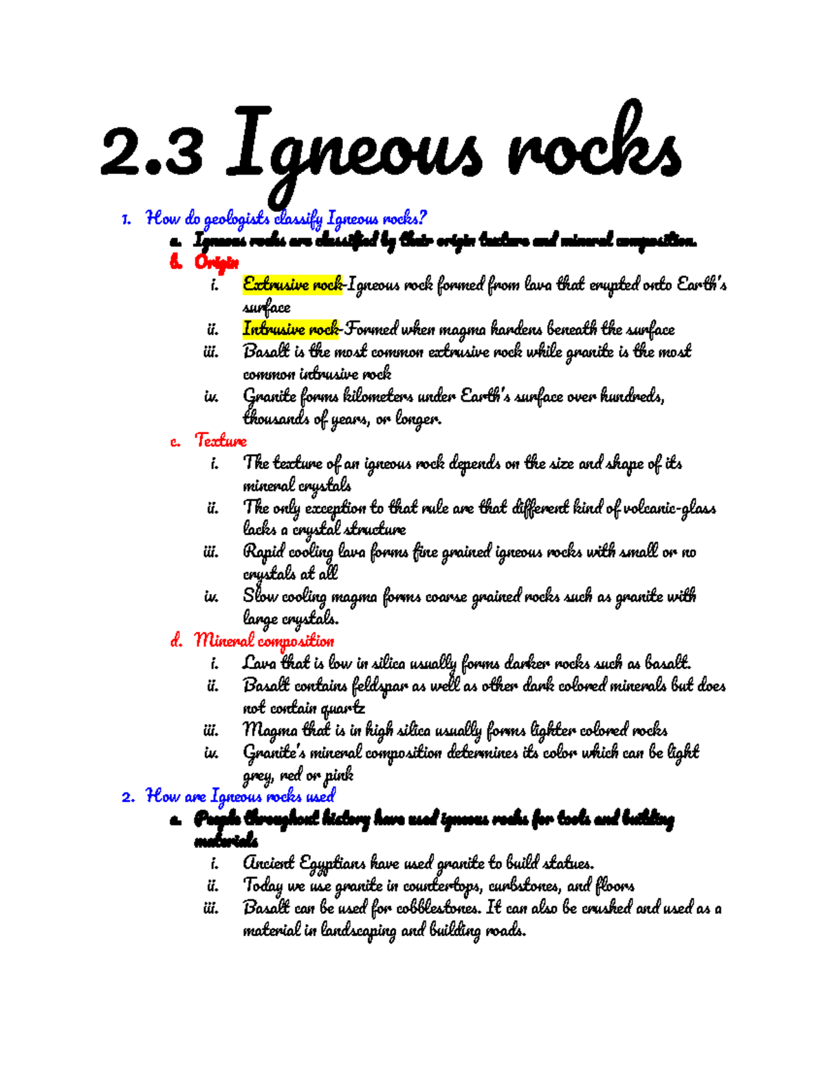 2.3 2.4 outline notes - Igneous and Sedimentary Rocks - 2 Igneou rock H ...