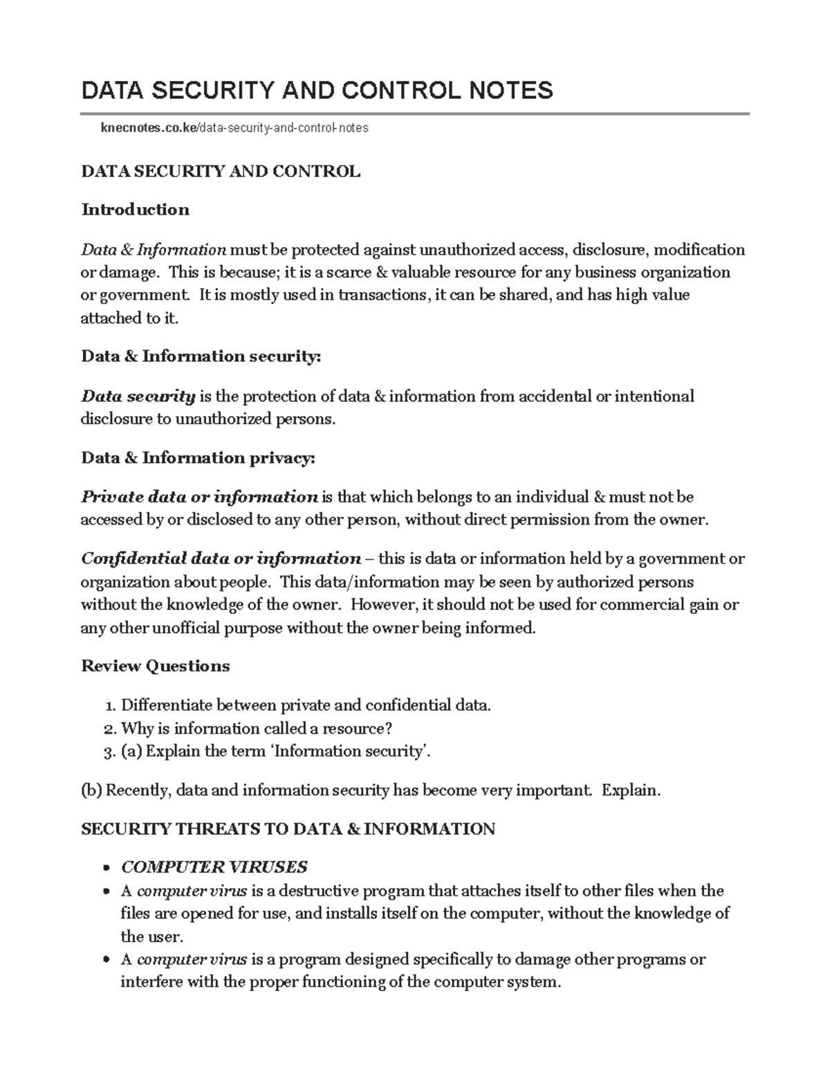 DATA Security AND Control Notes - DATA SECURITY AND CONTROL NOTES - Studocu