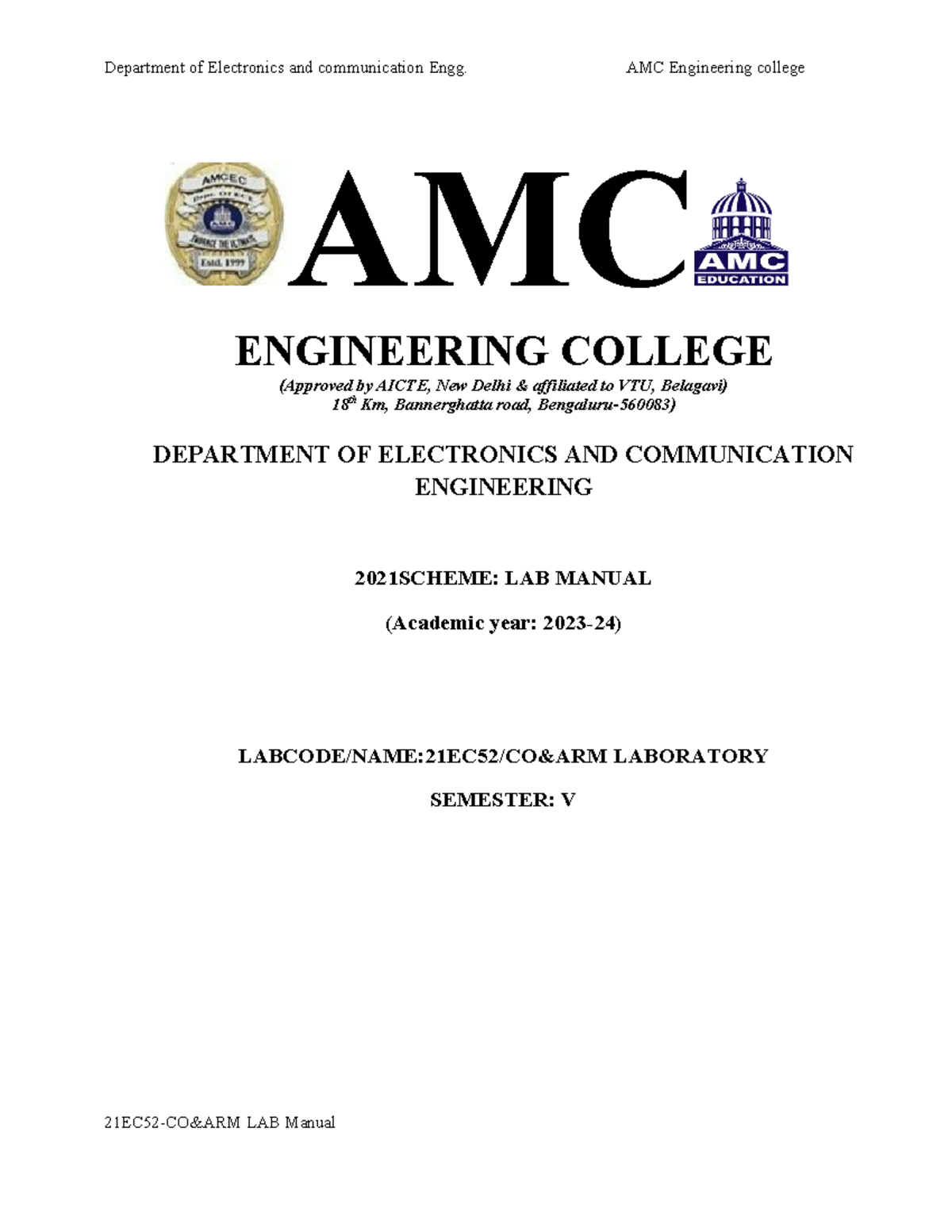 Armlab manual - AMC ENGINEERING COLLEGE ####### (Approved by AICTE, New ...