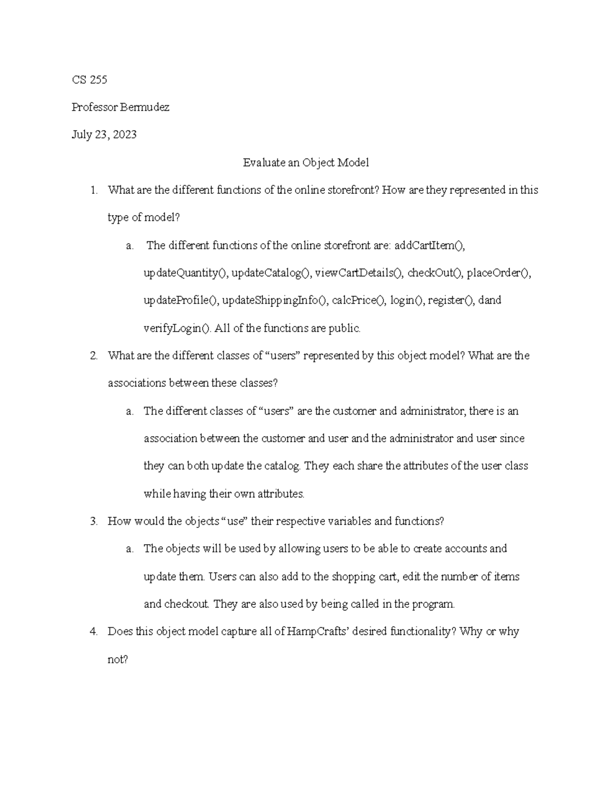 4-2 evaluate an object - CS 255 Professor Bermudez July 23, 2023 Evaluate an Object Model What ...