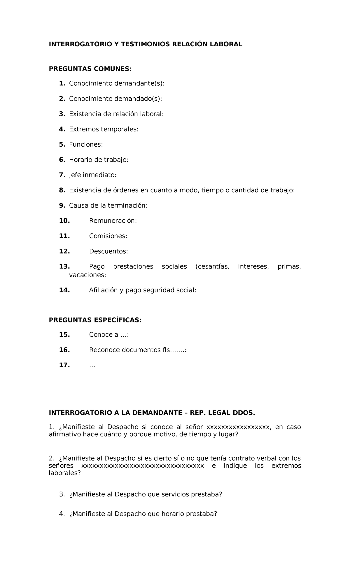 Interrogatorio Y Testimonios Relación Laboral - INTERROGATORIO Y ...