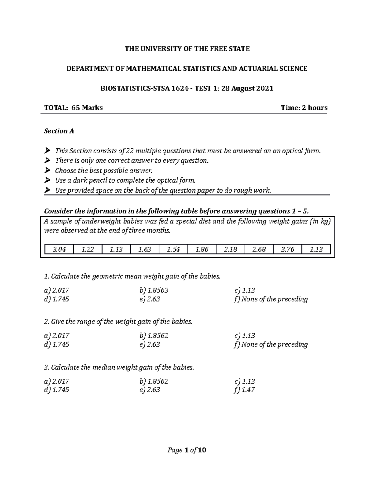 Test 1 2021 - Test 1 - THE UNIVERSITY OF THE FREE STATE DEPARTMENT OF ...