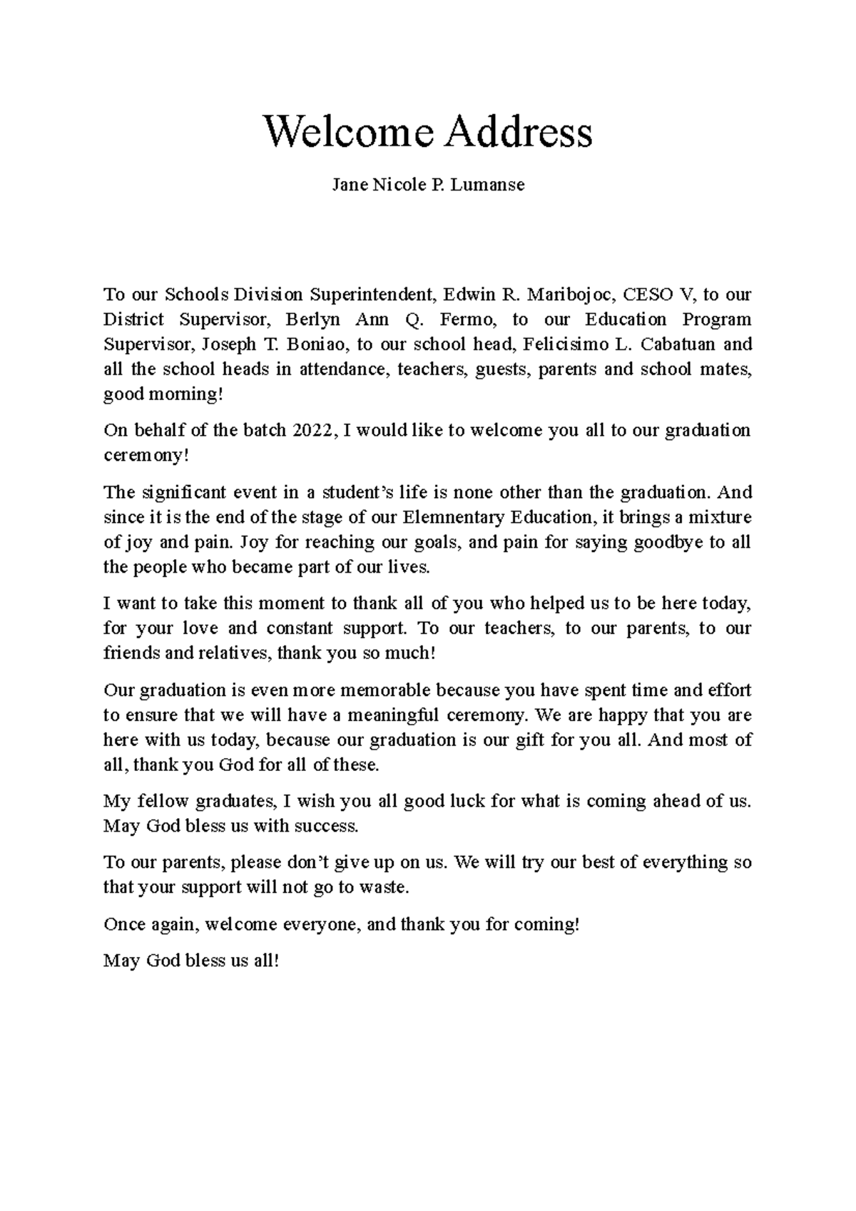 Welcome Address 2022 - Welcome Address Jane Nicole P. Lumanse To our ...