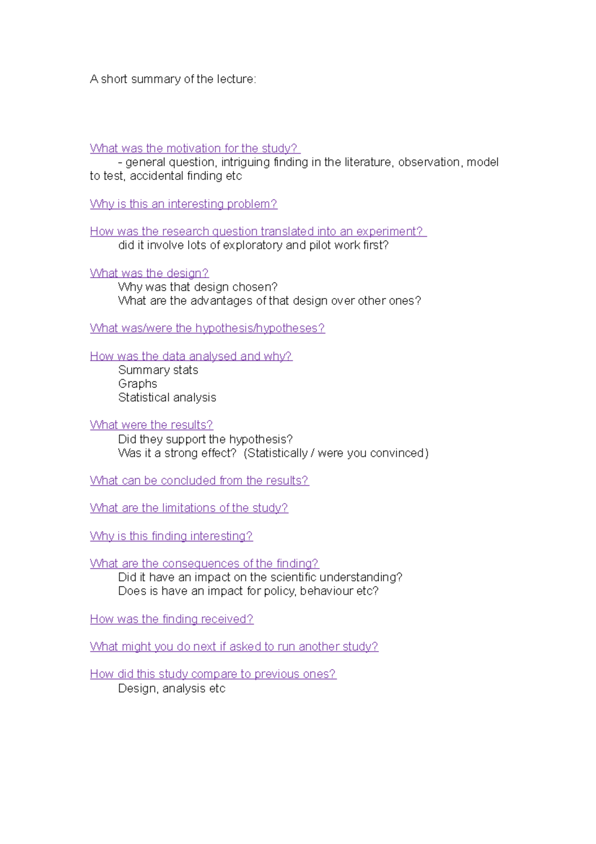Lecture checklist - A short summary of the lecture: What was the ...