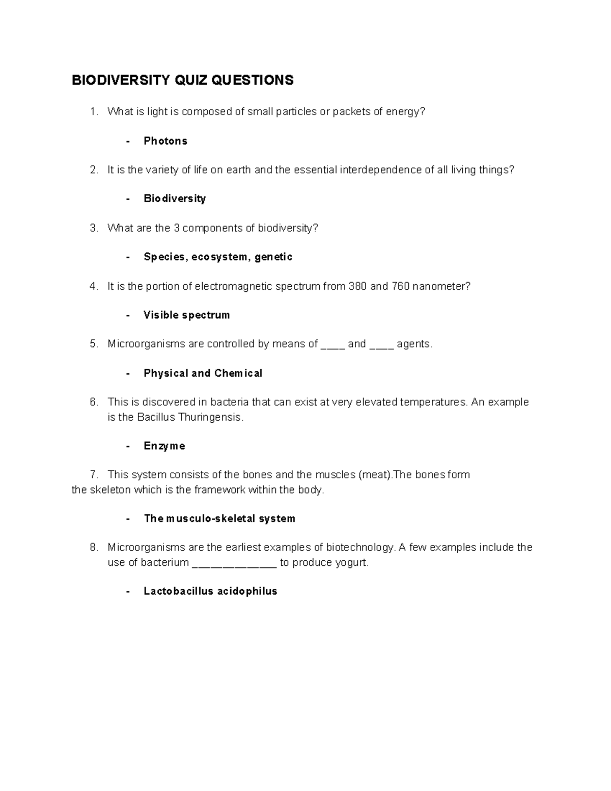 Bioodiversity-QUIZ - NAAAAA - BIODIVERSITY QUIZ QUESTIONS What is light ...