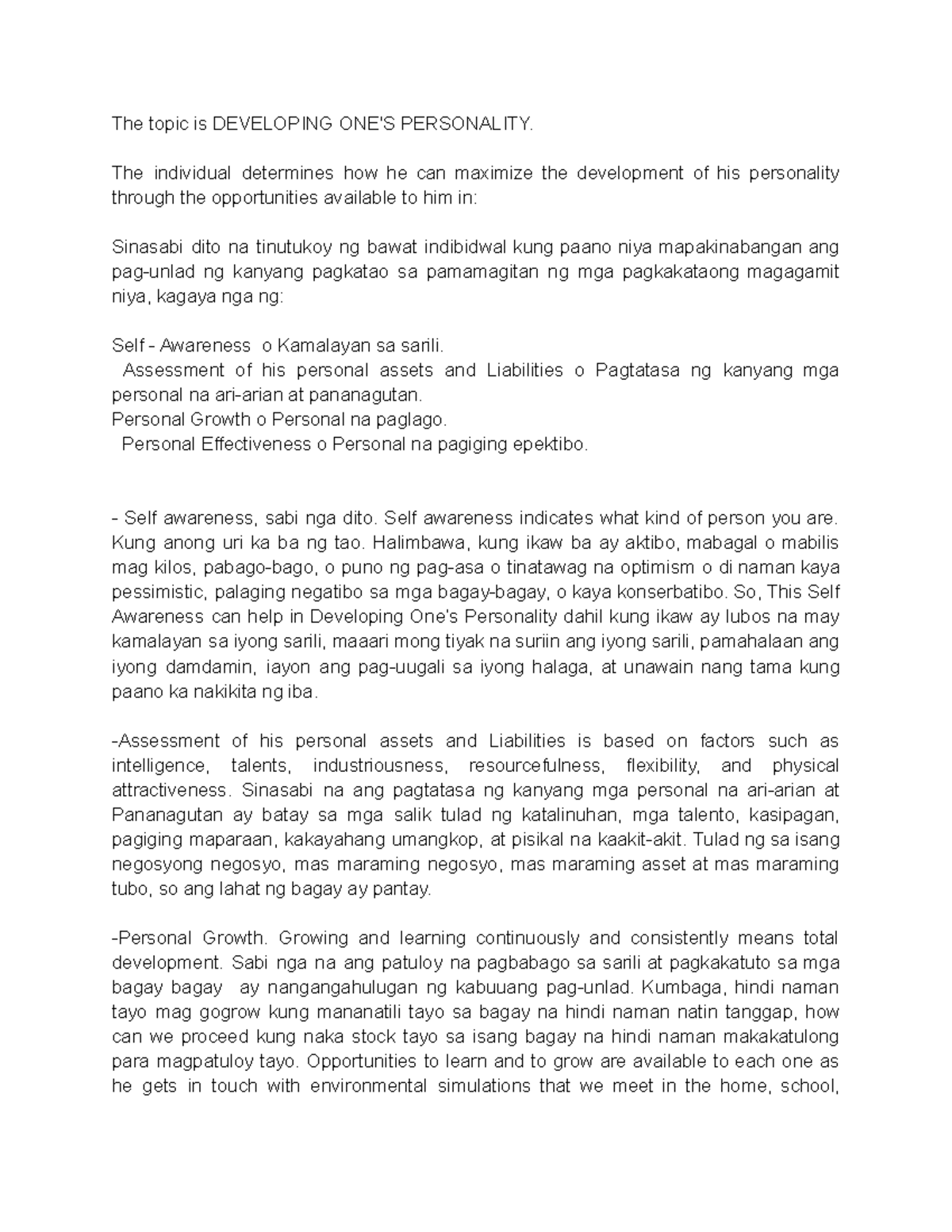 Script FOR Reporting - yb5y - The topic is DEVELOPING ONE'S PERSONALITY ...