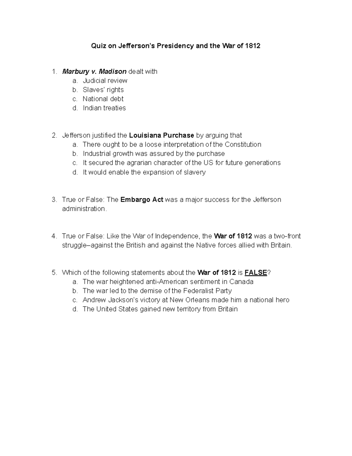 4.2 Jefferson 1812 Quiz - Quiz on Jefferson’s Presidency and the War of ...