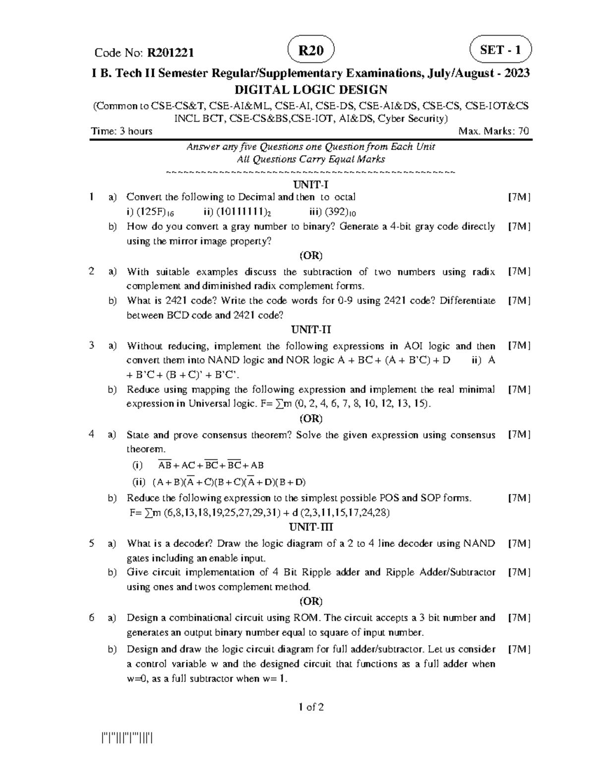 Digital Logic Design JULY AUG 2023 - Code No: R I B. Tech II Semester Regular/Supplementary ...