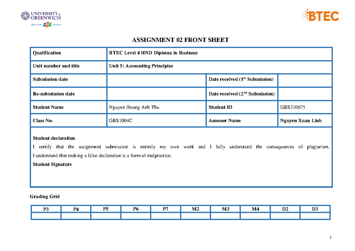 5038 Assignment-2-Front-Sheet-1 - i ASSIGNMENT 02 FRONT SHEET Qualification BTEC Level 4 HND ...
