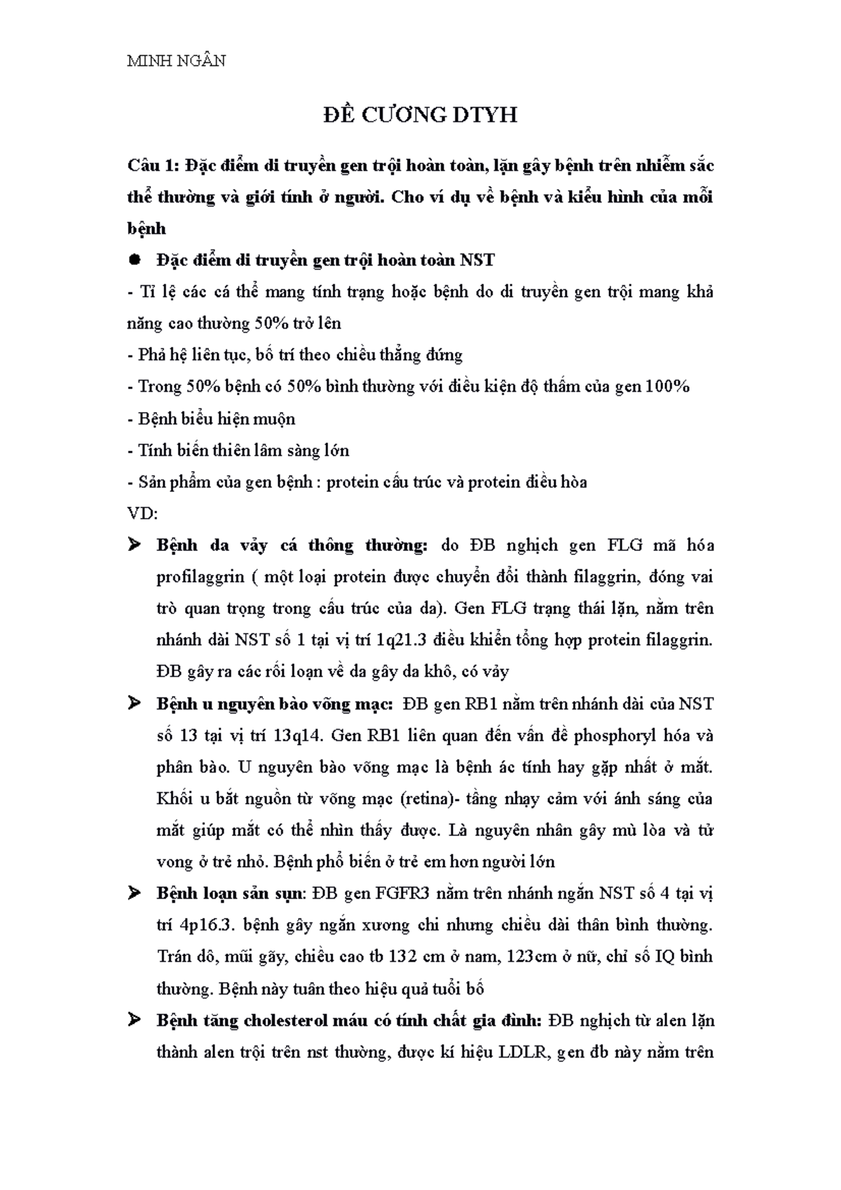 ĐỀ CƯƠNG DTYH - ĐỀ CƯƠNG DTYH Câu 1: Đặc điểm di truyền gen trội hoàn ...