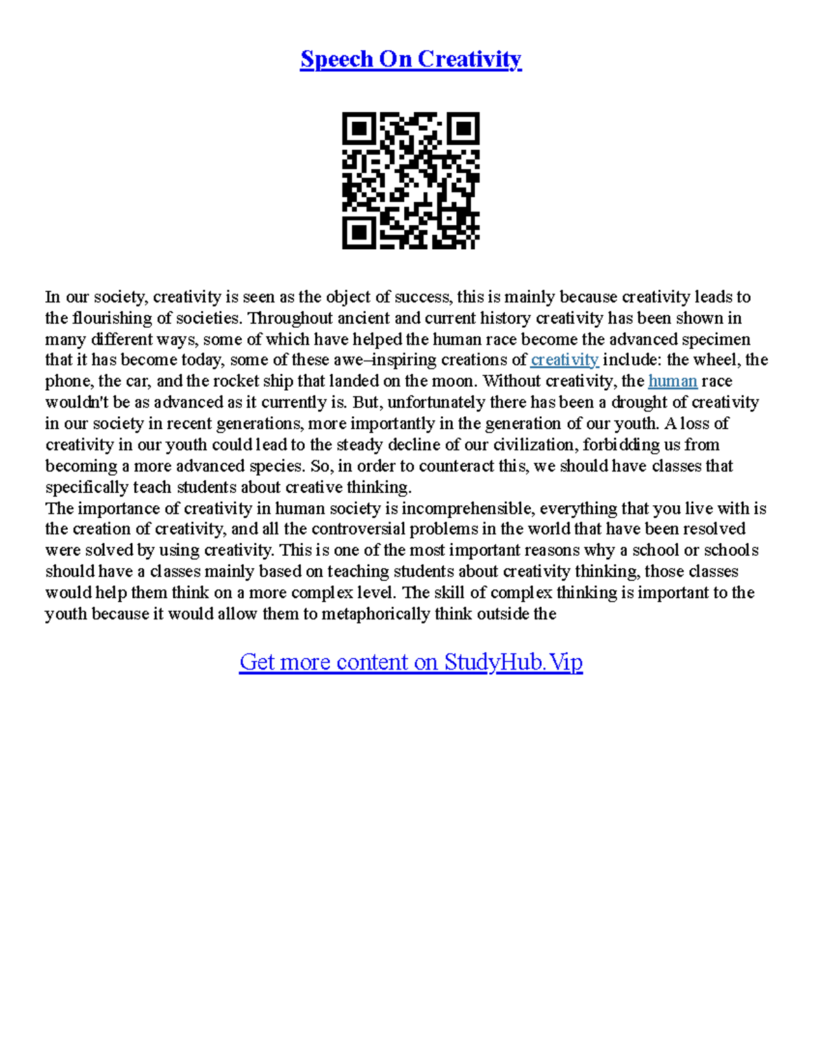 Essay On Creativity - Speech On Creativity In our society, creativity ...