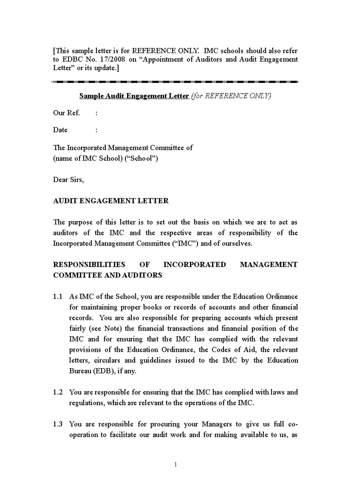 Sample audit engagement letter - [This sample letter is for REFERENCE ...
