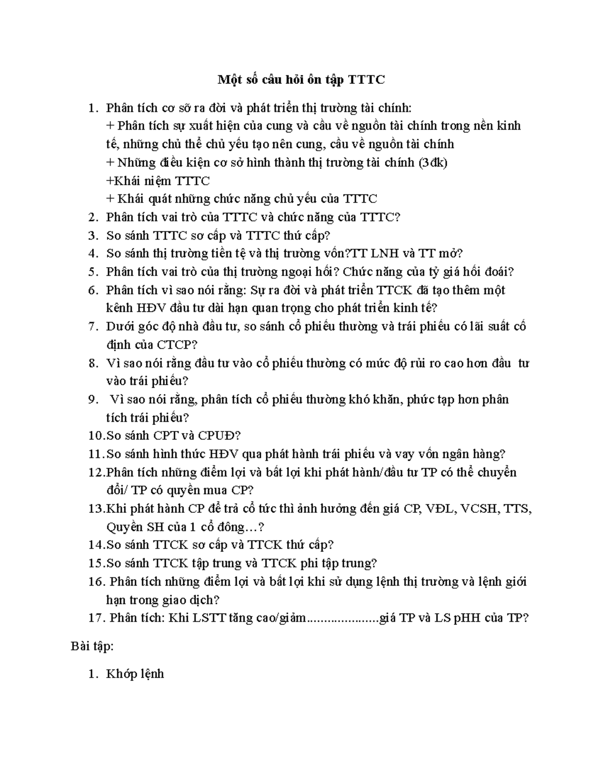 Một số câu hỏi ôn tập TTTC - Một số câu hỏi ôn tập TTTC Phân tích cơ sỡ ...