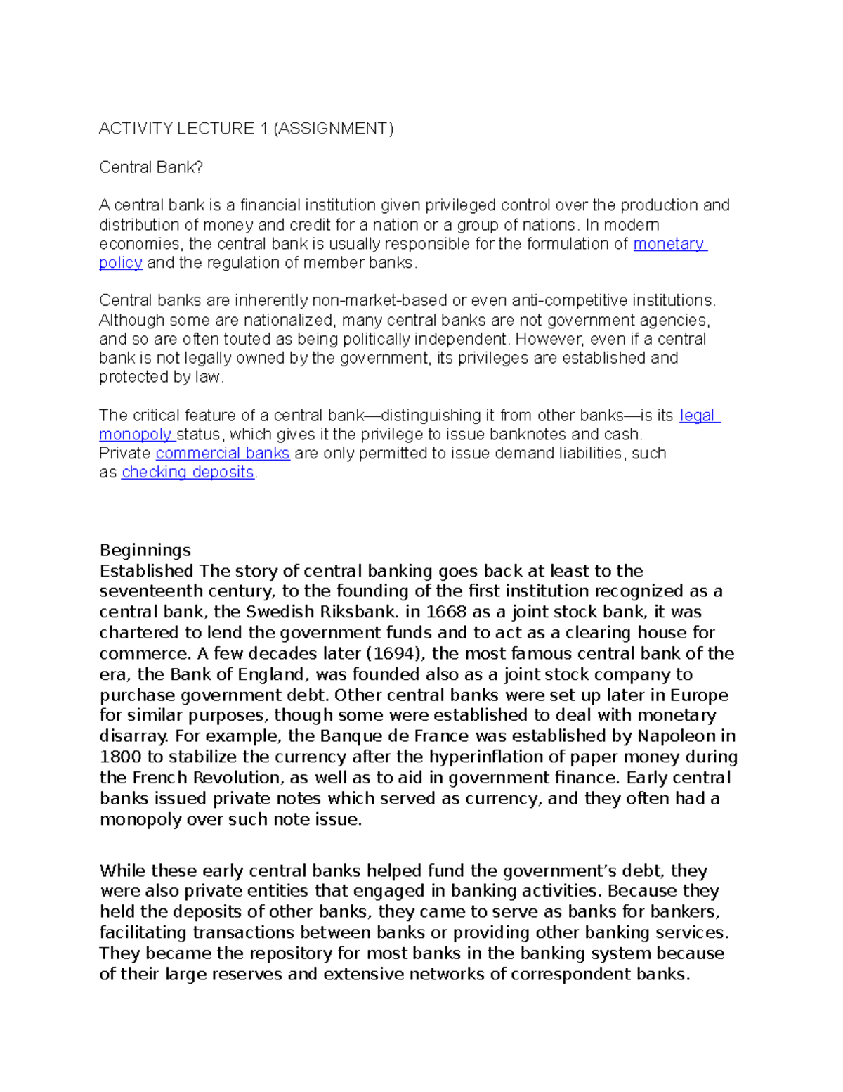 Central Bank Assignment - ACTIVITY LECTURE 1 (ASSIGNMENT) Central Bank ...