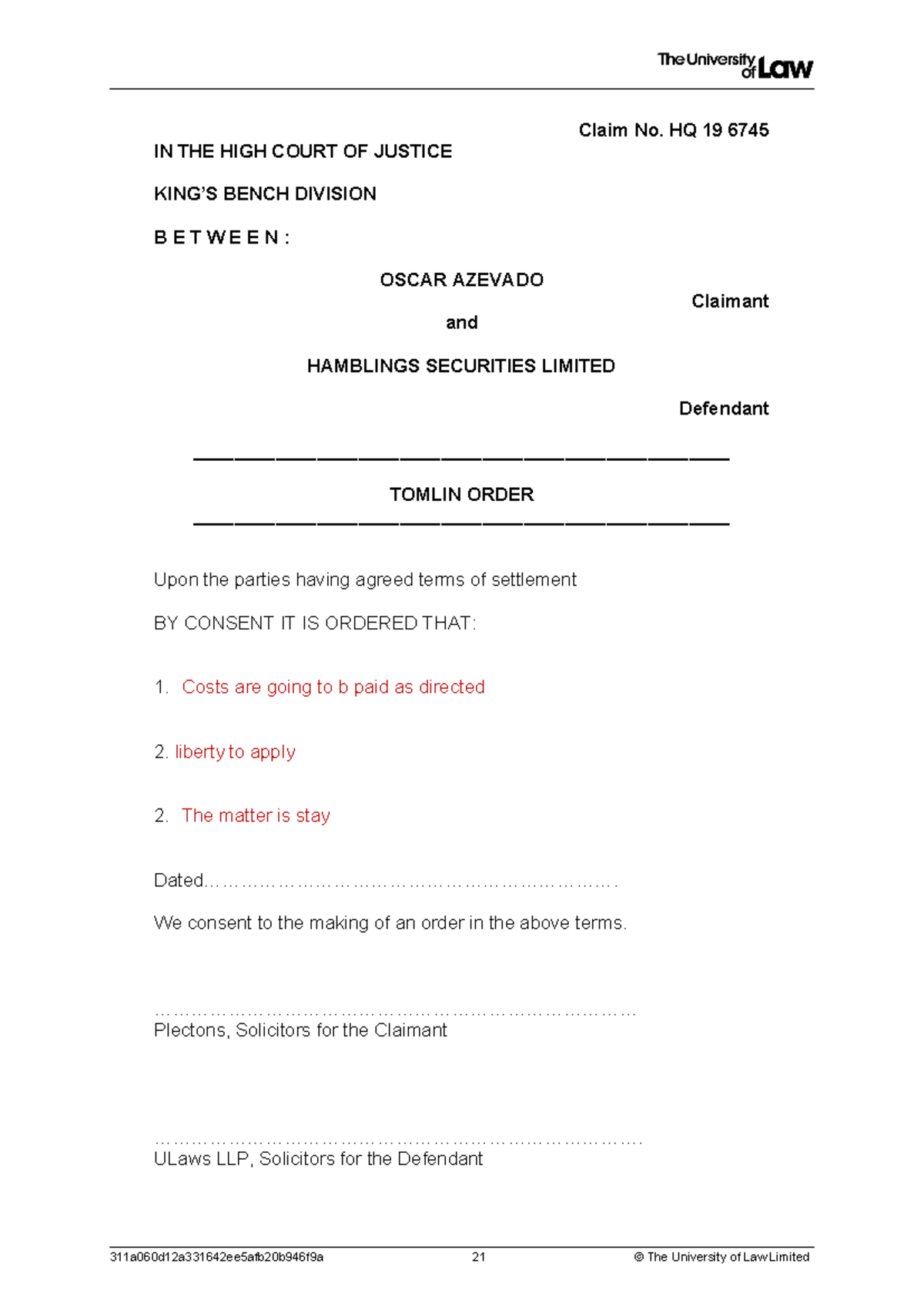 Tomlin Order - Claim No. HQ 19 6745 - Claim No. HQ 19 6745 IN THE HIGH ...