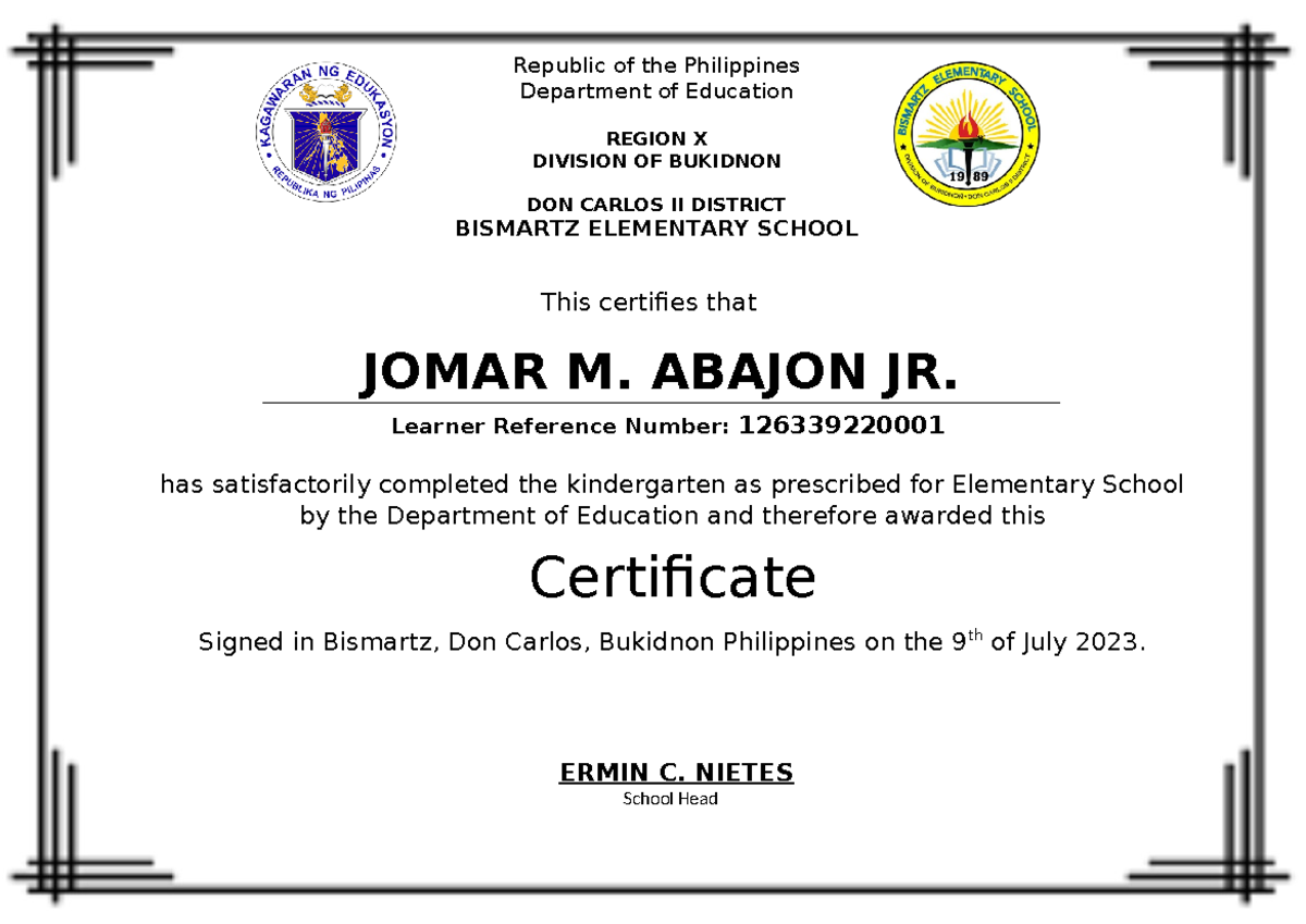 Certificate of completion - Republic of the Philippines Department of ...